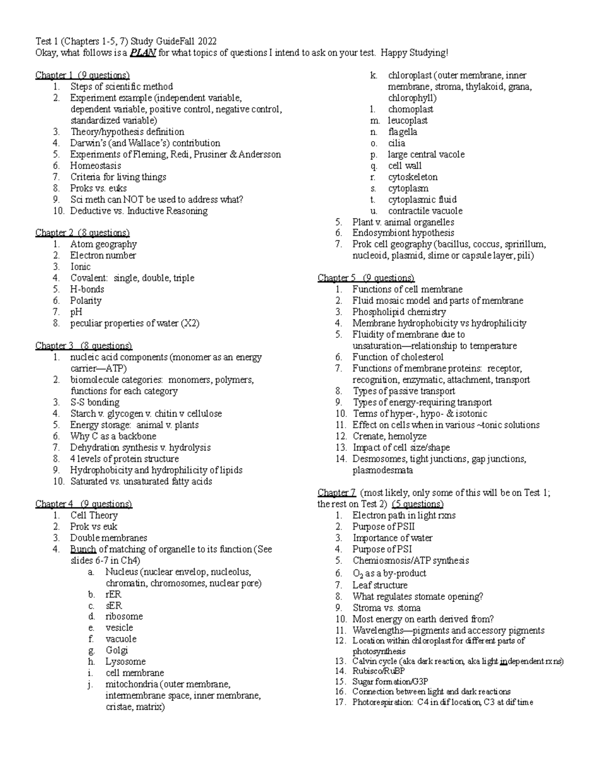 F22 Bio 111 Study Guide Test 1 (Ch1-5, 7) - Test 1 (Chapters 1-5, 7 ...