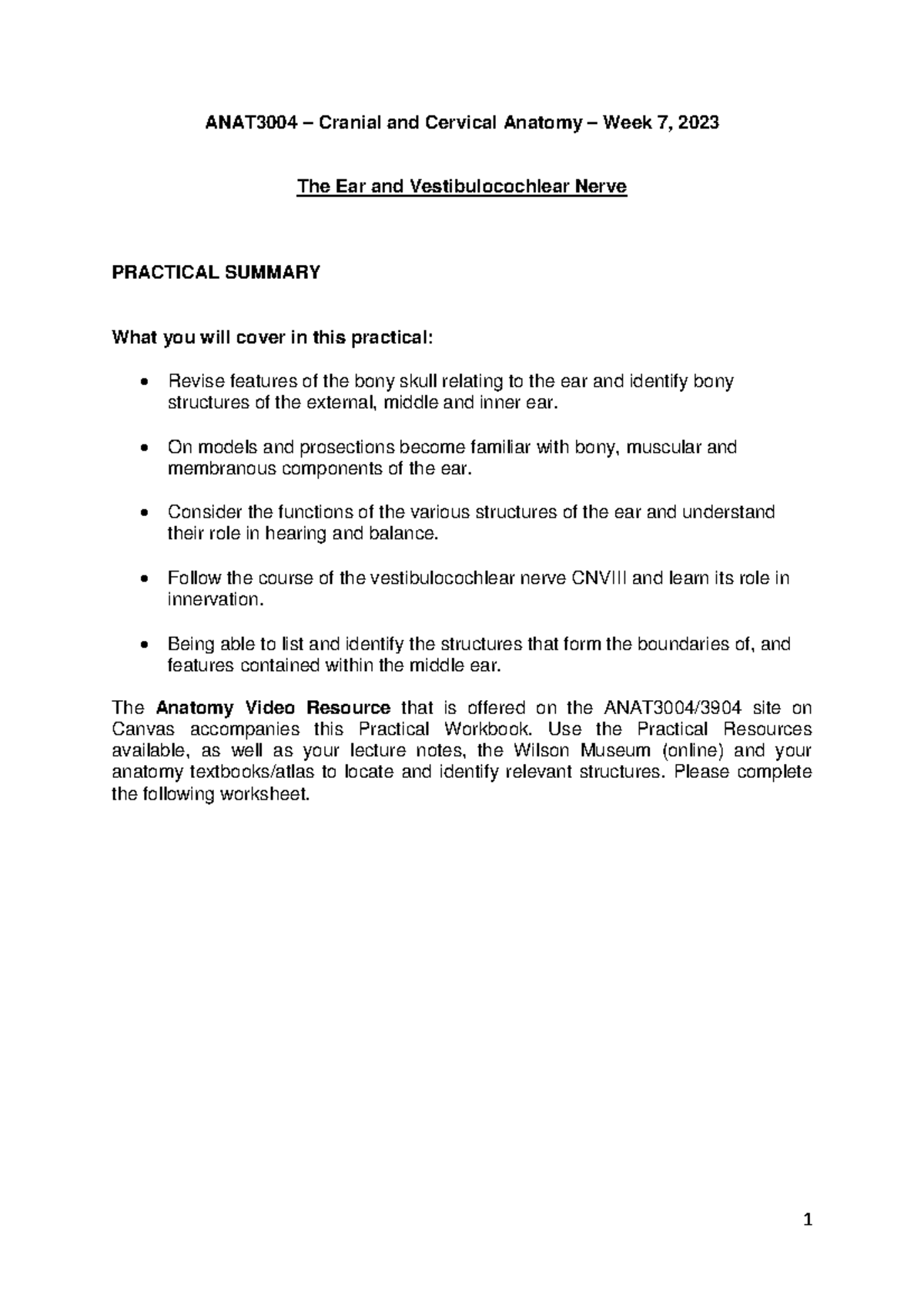 W7 Practical Worksheet (The Ear) ANAT3004 2023-1 - ANAT3004 – Cranial ...