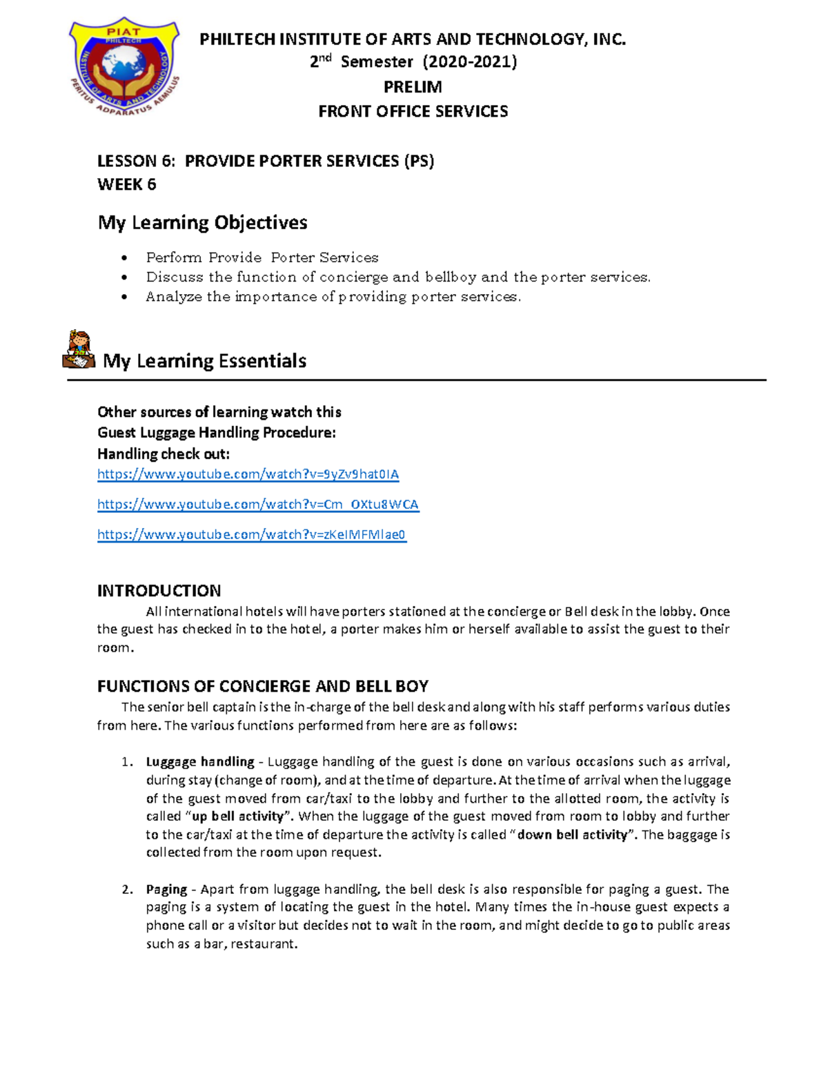 Front Office Lesson 6 Prelim - LESSON 6: PROVIDE PORTER SERVICES (PS ...