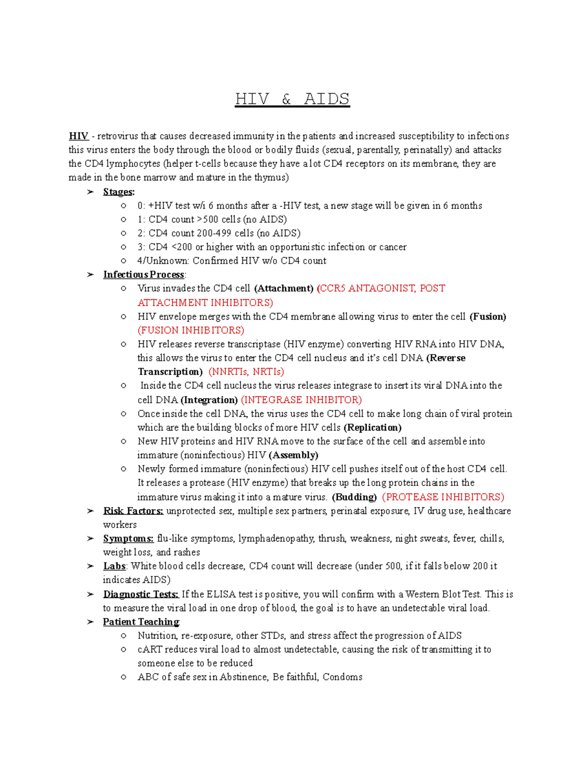 HIV & AIDS Notes - NUR 1210C - SJRstate - Studocu