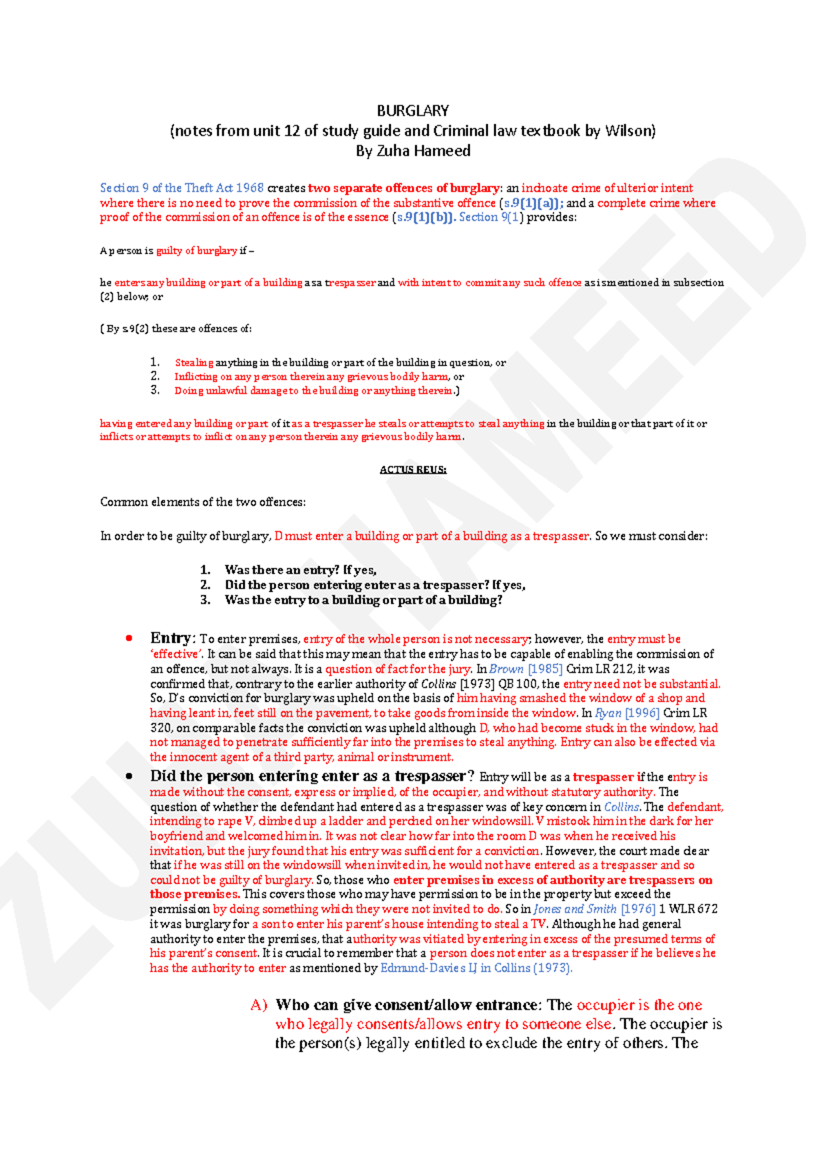 Burglary llb level 4 - BURGLARY (notes from unit 12 of study guide and ...