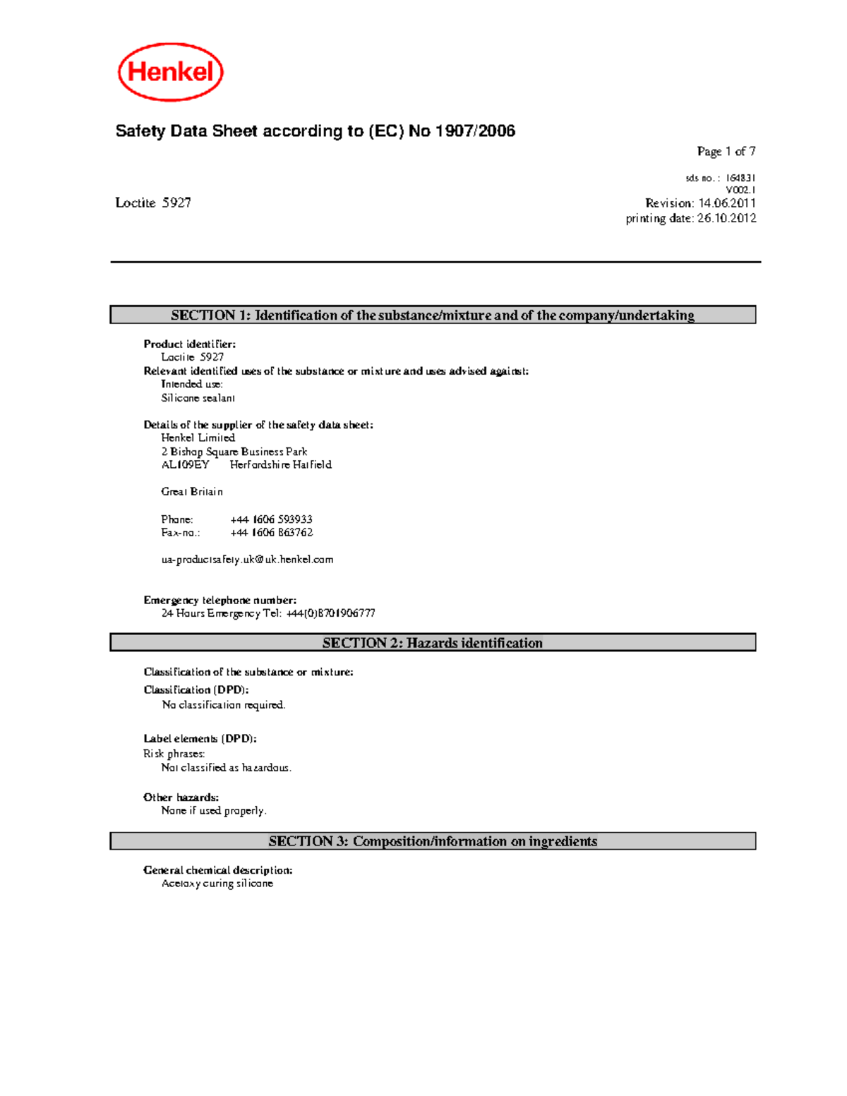 Loctite 5927 5927 EN MSDS - Safety Data Sheet according to (EC) No 1907 ...