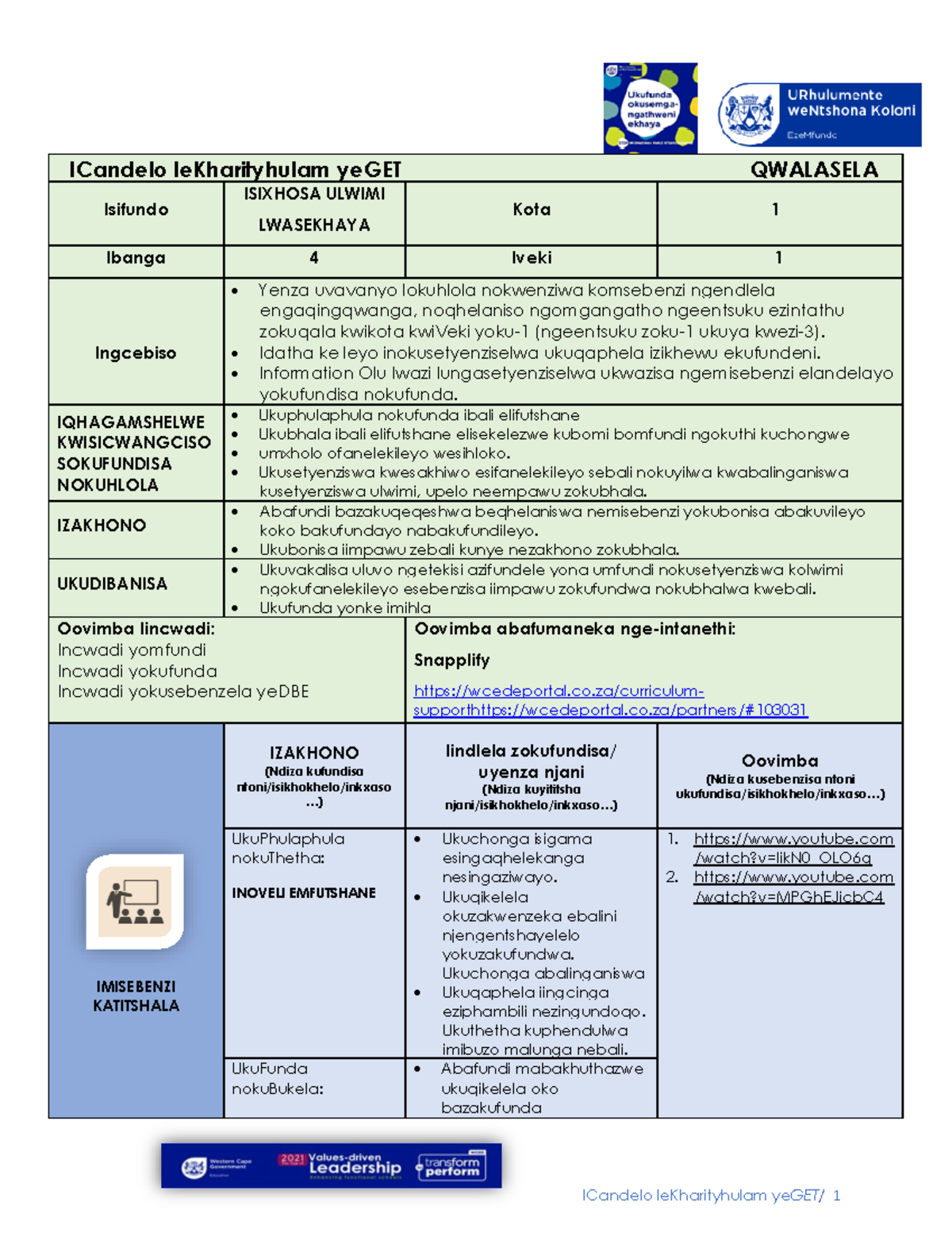 Lesson Plan Gr4 Isi Xhosa HL T1 W1 - ICandelo leKharityhulam yeGET ...