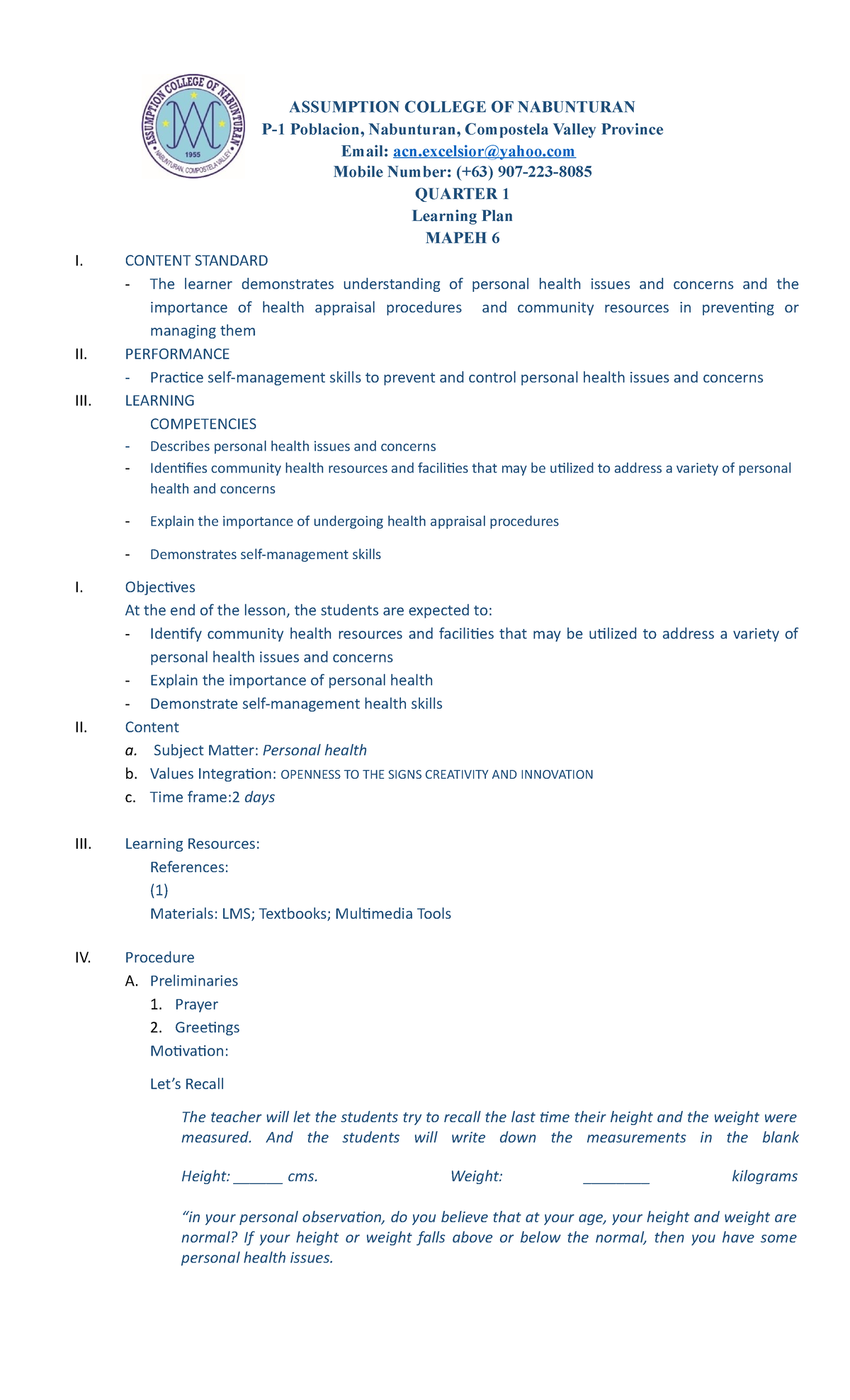 Lesson plan week 4 - ASSUMPTION COLLEGE OF NABUNTURAN P-1 Poblacion ...