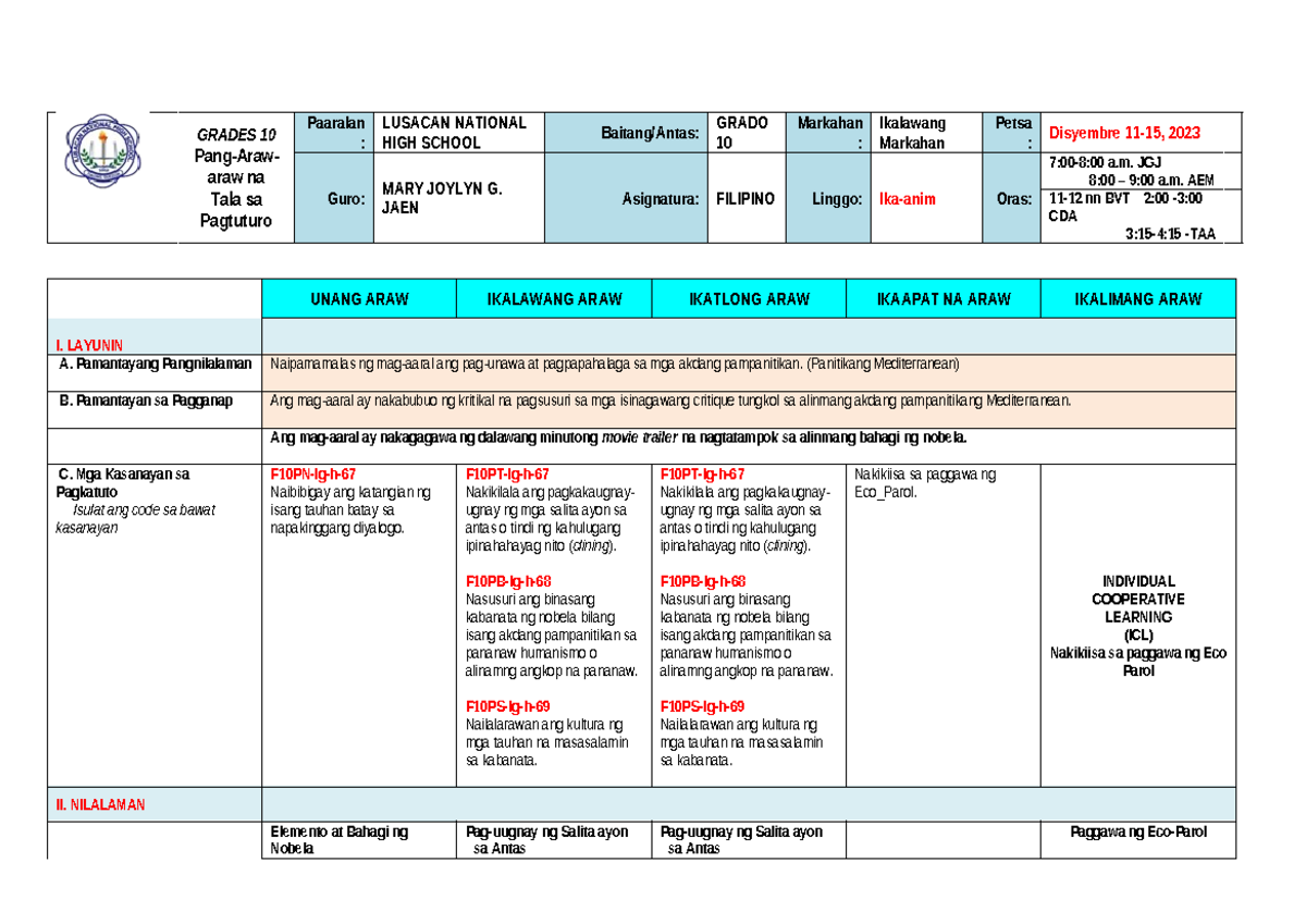 DLL- Disyembre 11-15-FOR Print - GRADES 10 Pang-Araw- araw na Tala sa ...