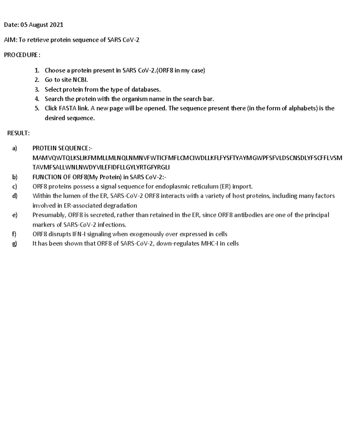 Animal Biotechnology - AIM: To retrieve protein sequence of SARS CoV ...