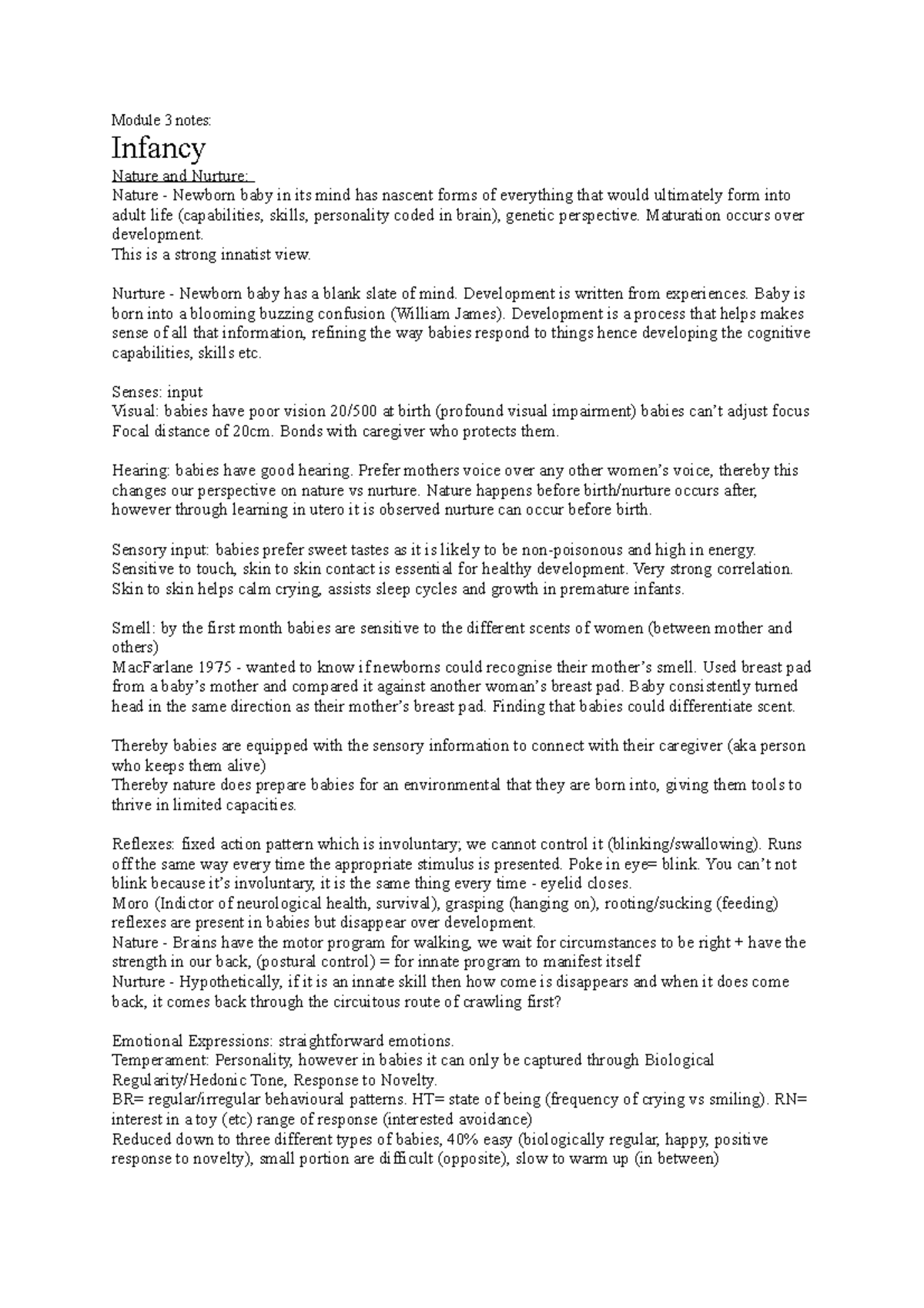 Module 3 infancy development notes - Module 3 notes: Infancy Nature and ...