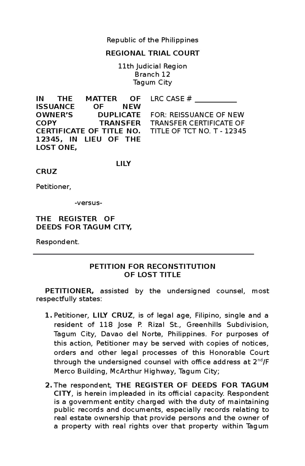 Petition for Reconstitution of Title Medellin - Republic of the ...