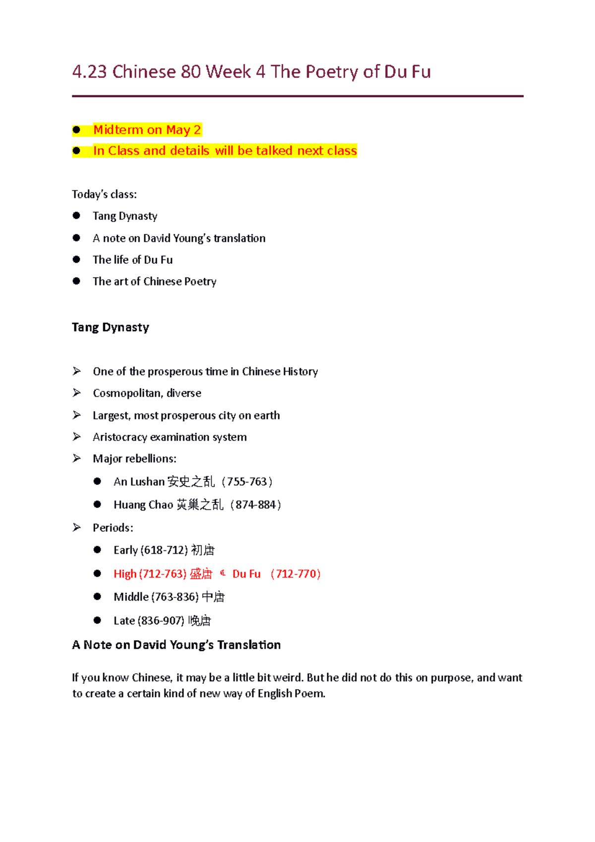 4.23 Chinese 80 Week 4 The Poetry of Du Fu - 4 Chinese 80 Week 4 The ...