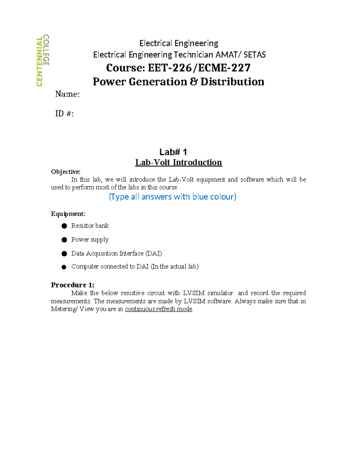 EET-226 Lab # 1 introduction to labvolt - ` Electrical Engineering Electrical Engineering ...