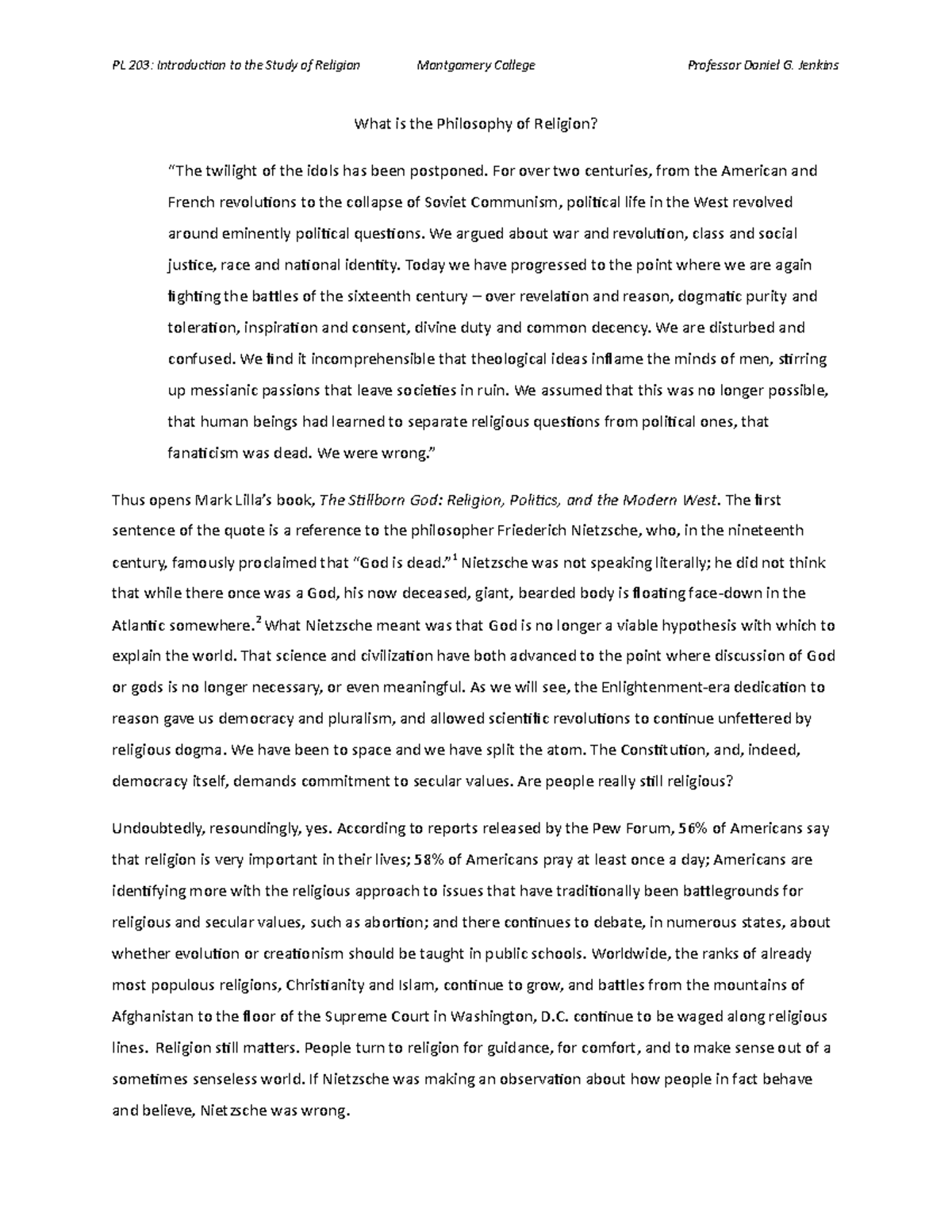 Lecture-What is the Philosophy of Religion - PL 203: Introduction to ...