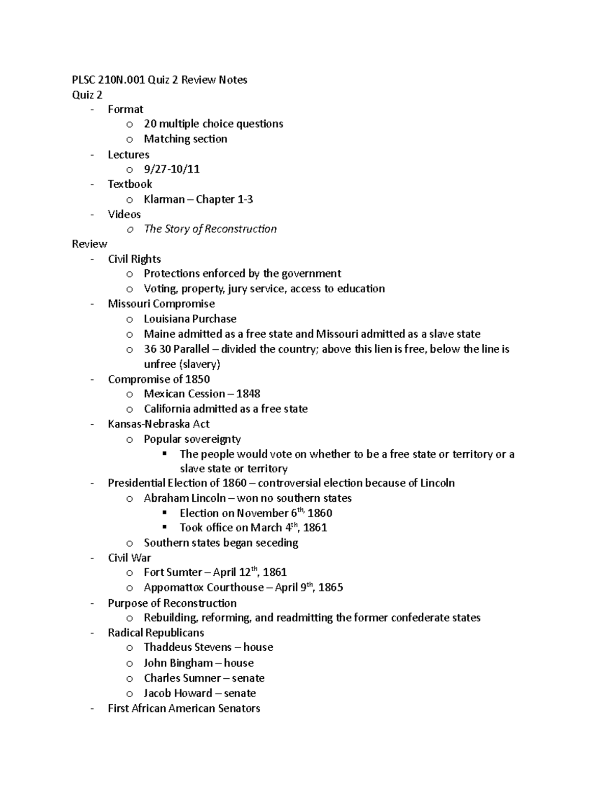 PLSC 210N.001 Quiz 2 Review Notes - PLSC 210N Quiz 2 Review Notes Quiz ...