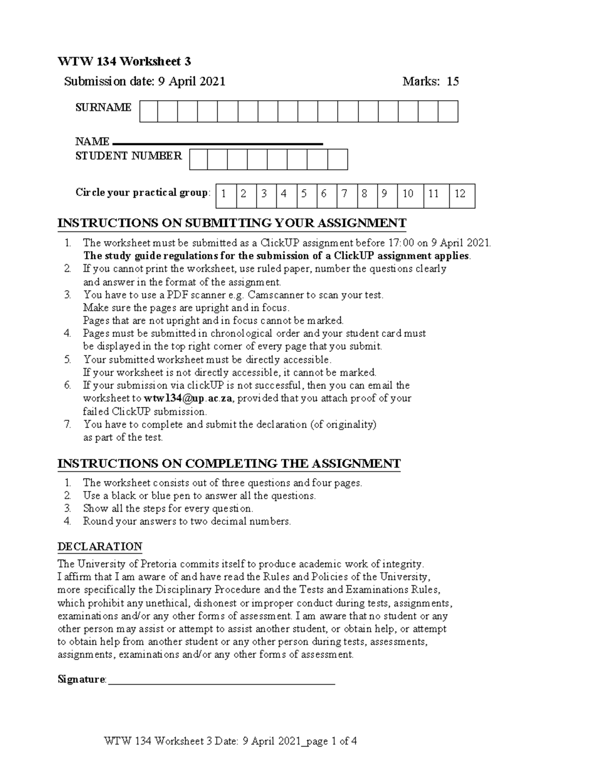 Worksheet 3 - WTW 134 Worksheet 3 Submission date: 9 April 2021 Marks ...