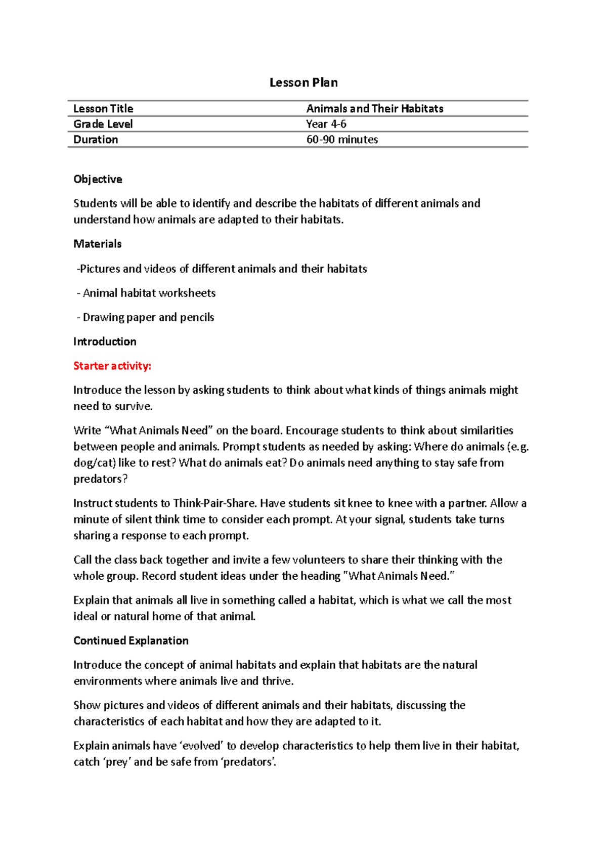 Lesson plan - Lesson Plan Lesson Title Animals and Their Habitats Grade ...