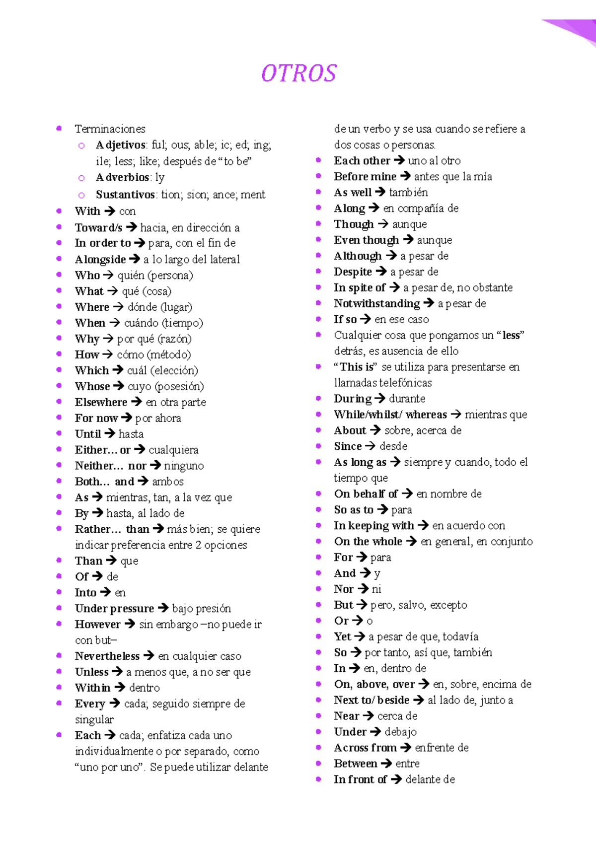 Otros - Apuntes - OTROS Terminaciones o Adjetivos: ful; ous; able; ic ...