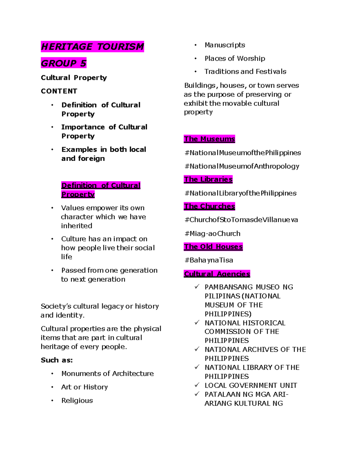 Tourism History - HERITAGE TOURISM GROUP 5 Cultural Property CONTENT ...