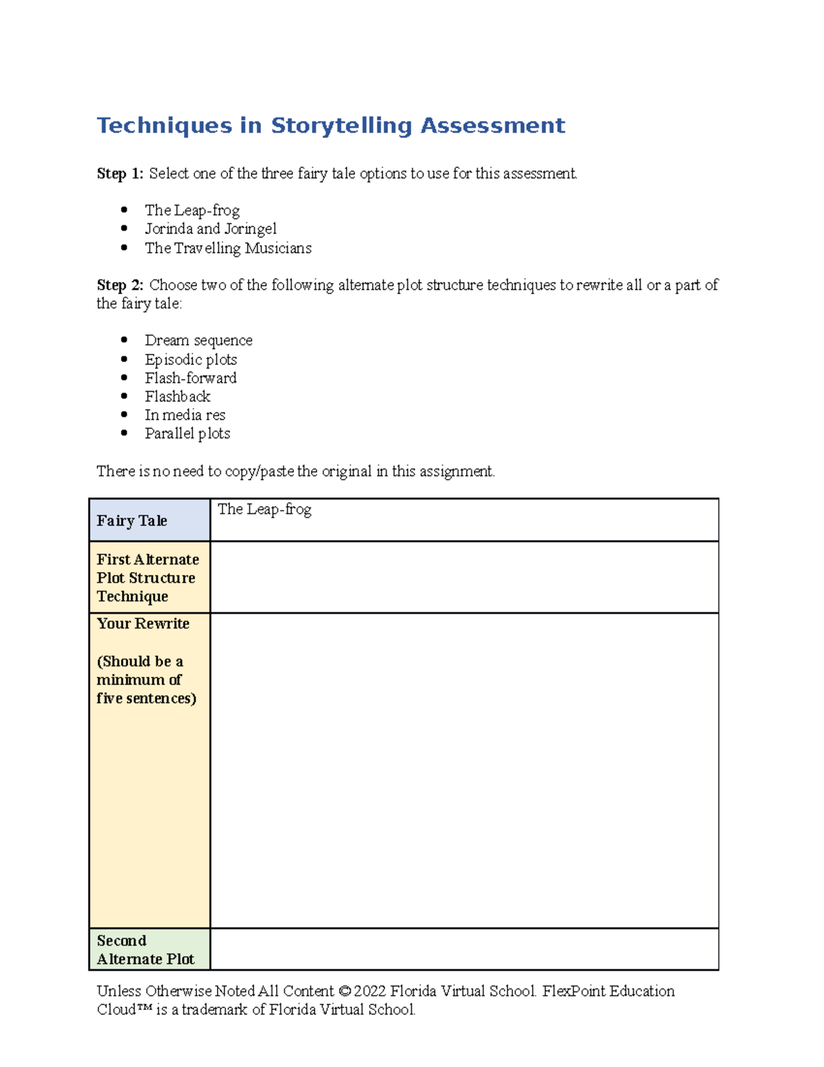 Storytelling assess rubric - Techniques in Storytelling Assessment Step ...