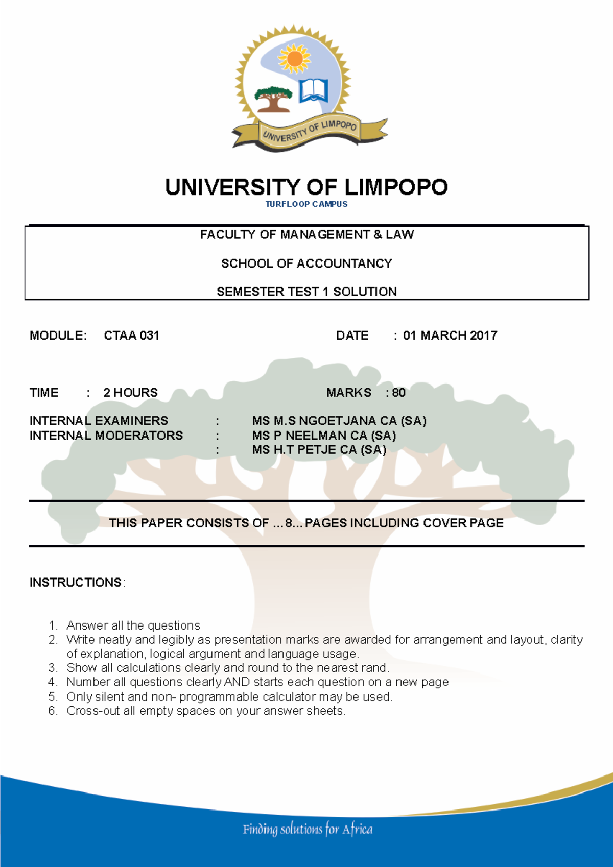 CTAA 031 TEST 01 Solution-1 - UNIVERSITY OF LIMPOPO TURFLOOP CAMPUS ...