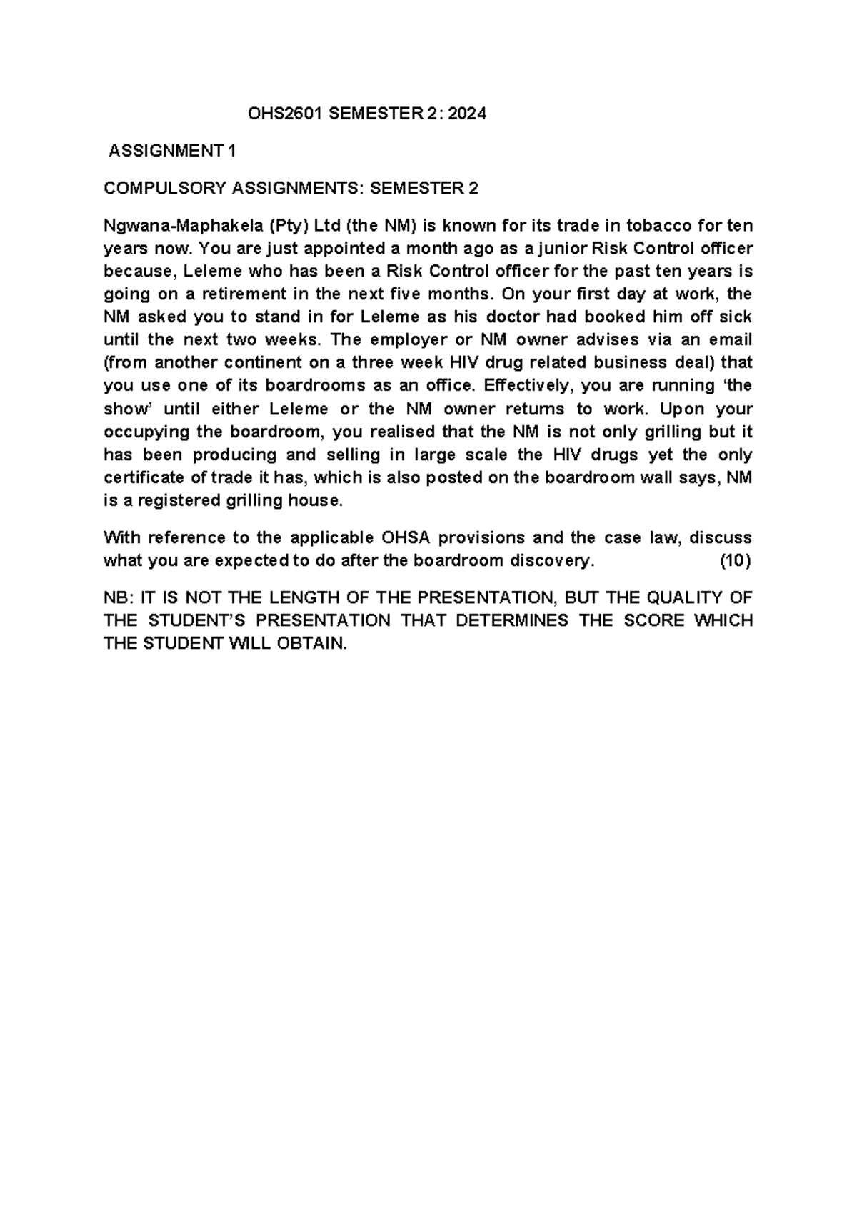 OHS2601 Semester 2 Assignment 1 2024 - OHS2601 SEMESTER 2: 2024 ASSIGNMENT 1 COMPULSORY ...