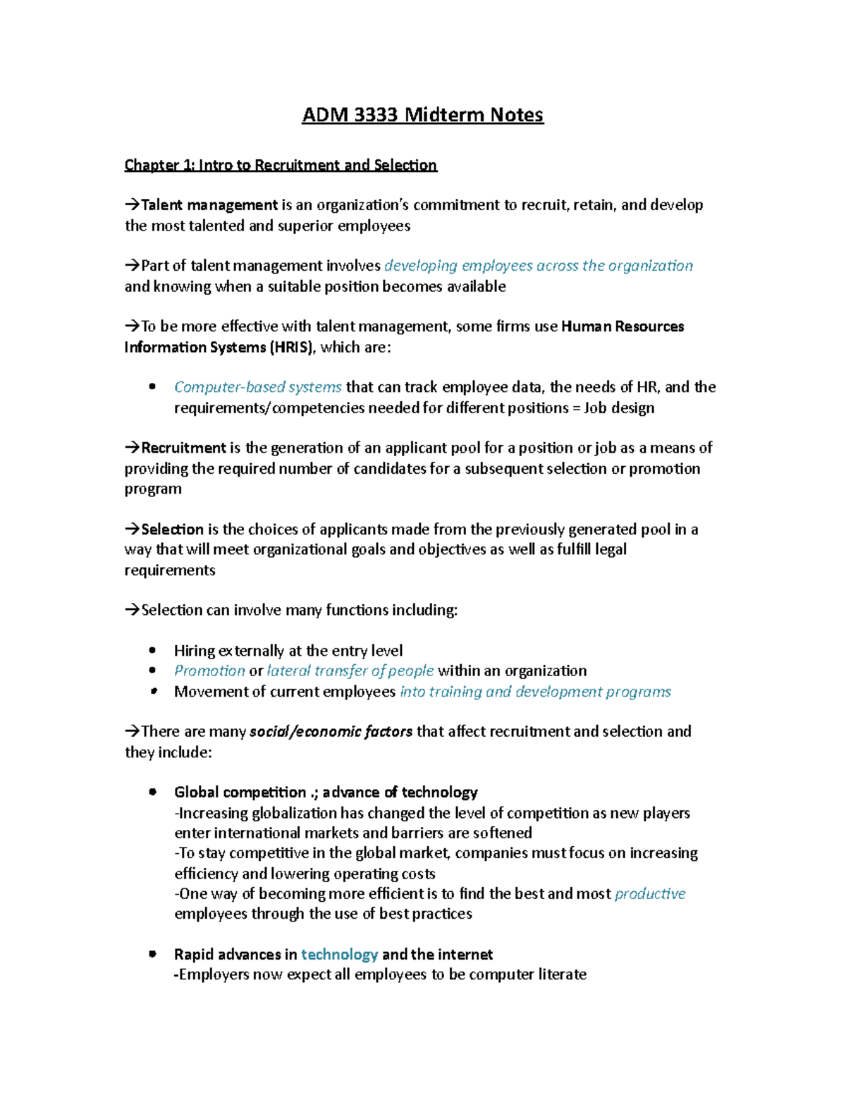 1-5 midterm - notes - ADM 3333 Midterm Notes Chapter 1: Intro to ...