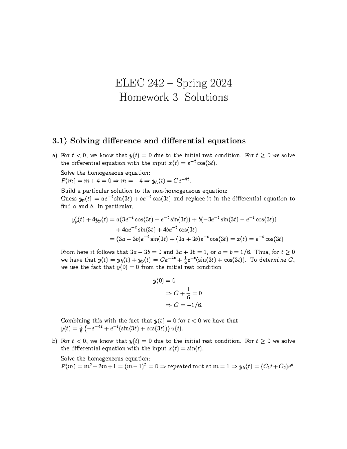 Sol03 - dawkdljawd - ELEC 242 – Spring 2024 Homework 3 Solutions 3) Solving difference and - Studocu