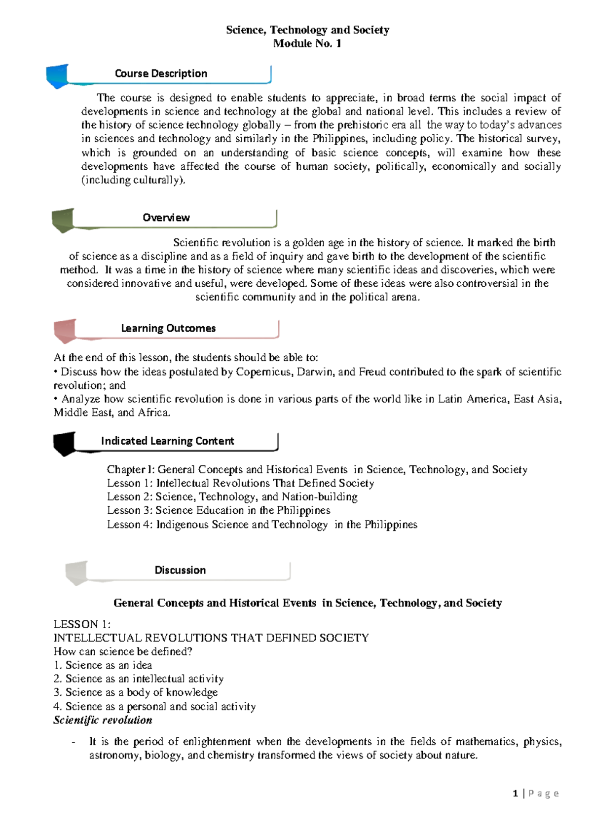 STS Module for midterm - Bbb - Science, Technology and Society Module No. 1 The course is ...