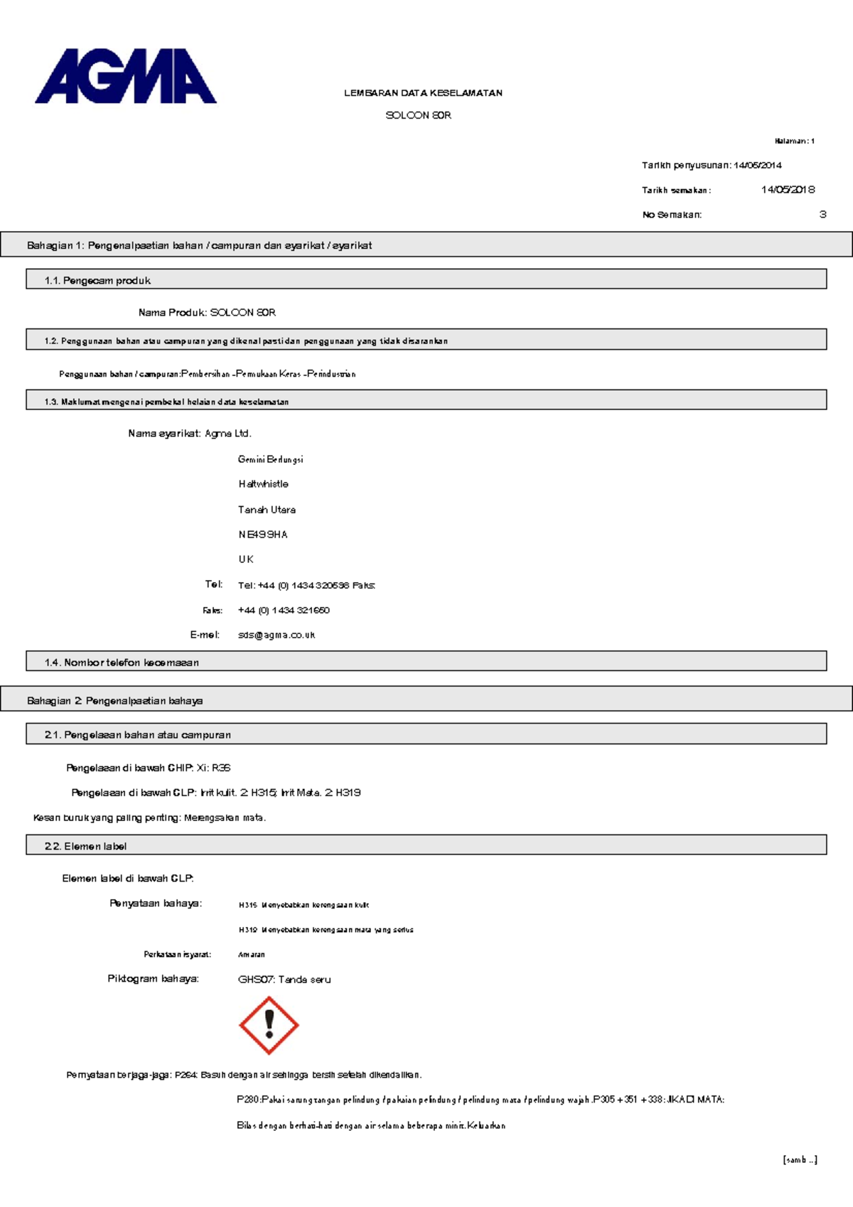 Solcon 80R MSDS BM - SOLCON 80R Halaman: 1 Tarikh penyusunan: 14/05 ...
