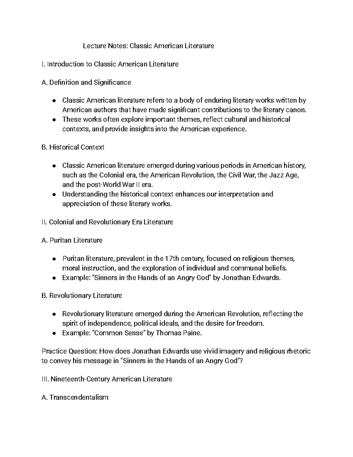 American Literature history 1-3 - Lecture Notes: Classic American ...