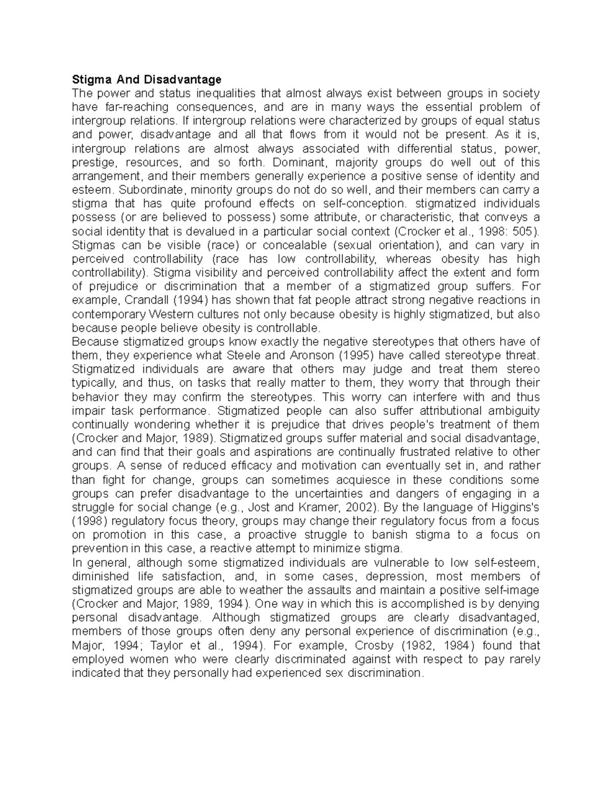 Stigma And Disadvantage - If intergroup relations were characterized by ...