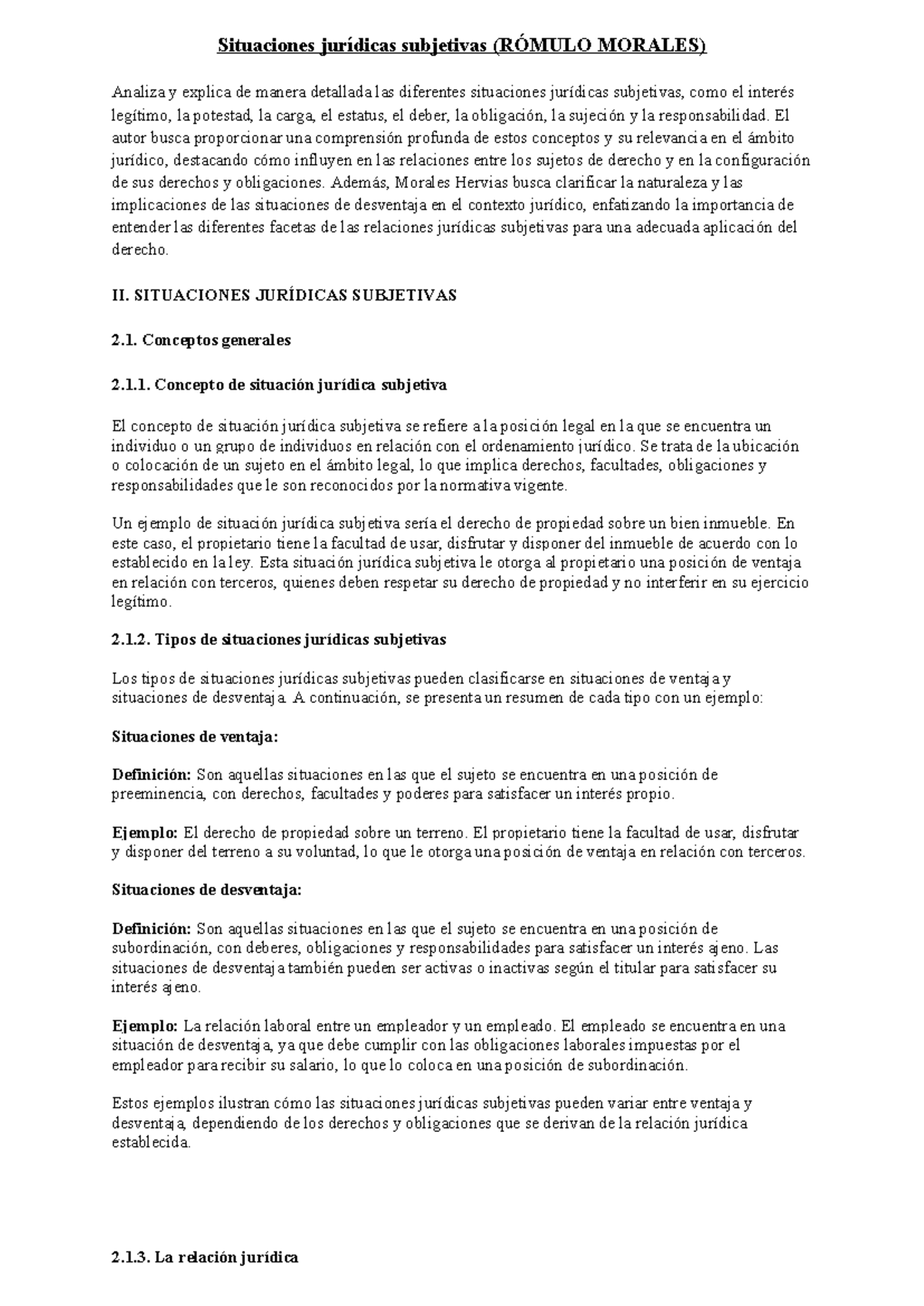 derecho subjetivos - Situaciones jurídicas subjetivas (RÓMULO MORALES ...