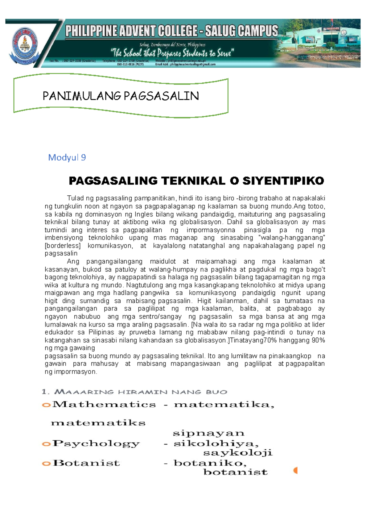 Panimulang Pagsasalin Modyul 9 - PAGSASALING TEKNIKAL O SIYENTIPIKO ...