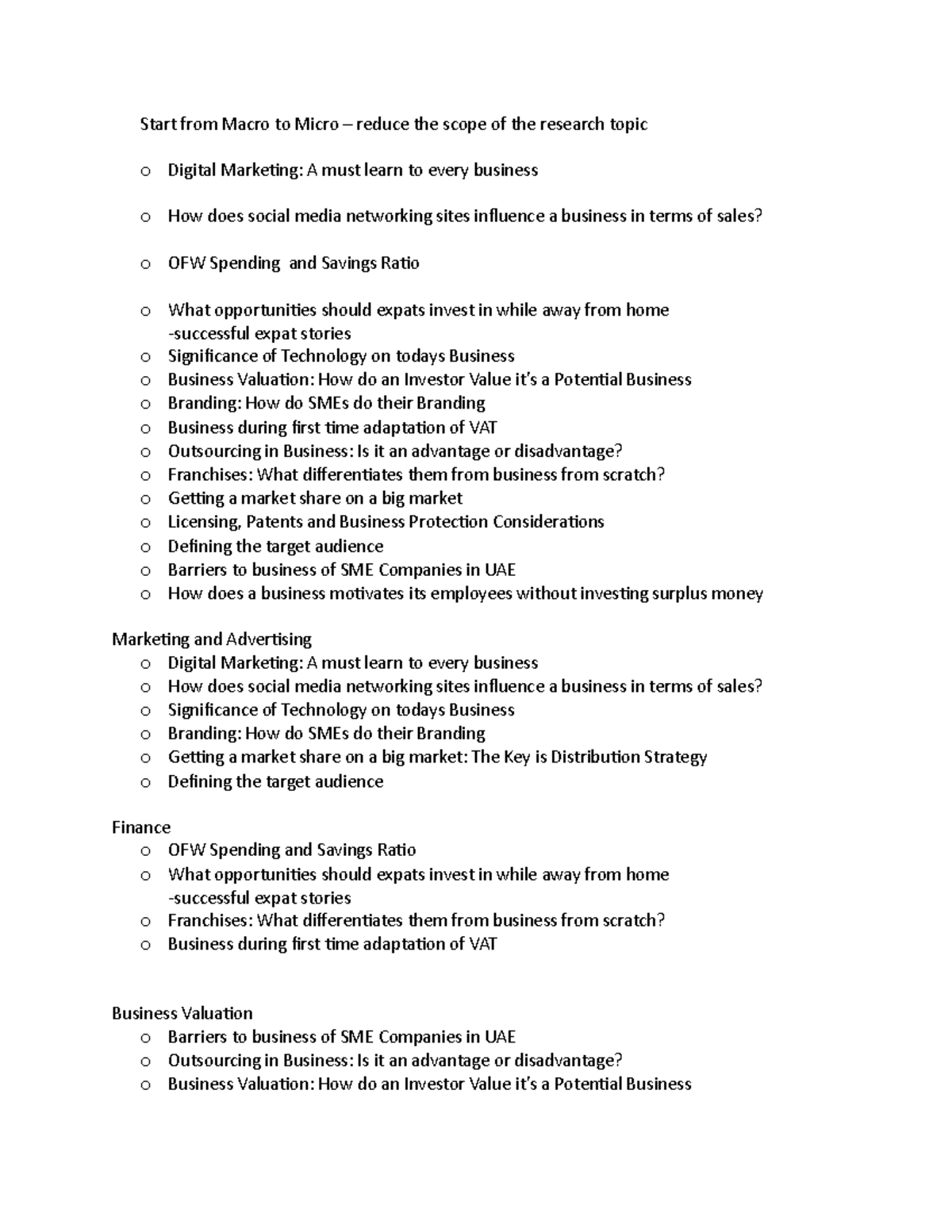 Thesis Topics - Start from Macro to Micro – reduce the scope of the ...