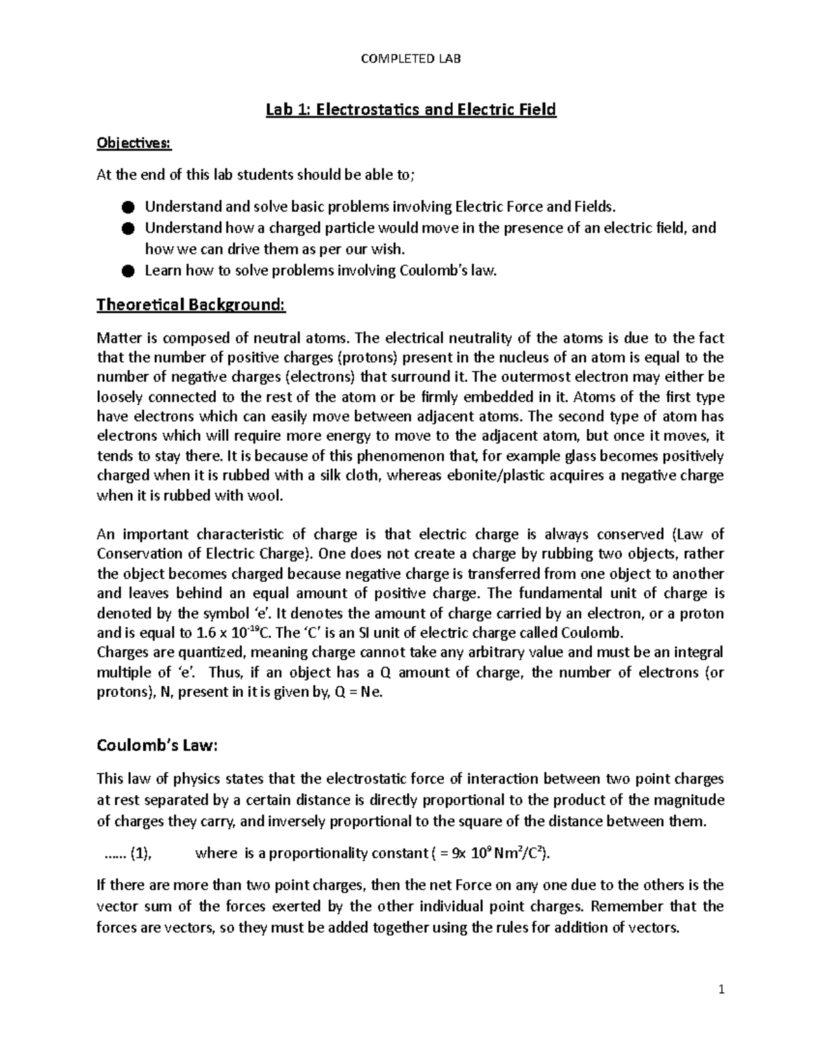 Lab 1 Download and complete - Lab 1: Electrostatics and Electric Field Objectives: At the end of ...