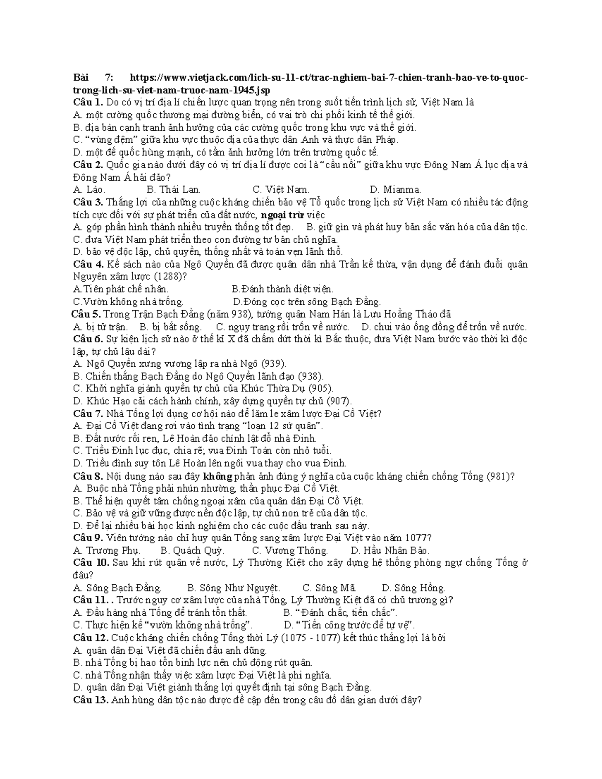 Sử - Đề ôn - Bài 7: vietjack/lich-su-11-ct/trac-nghiem-bai-7-chien ...