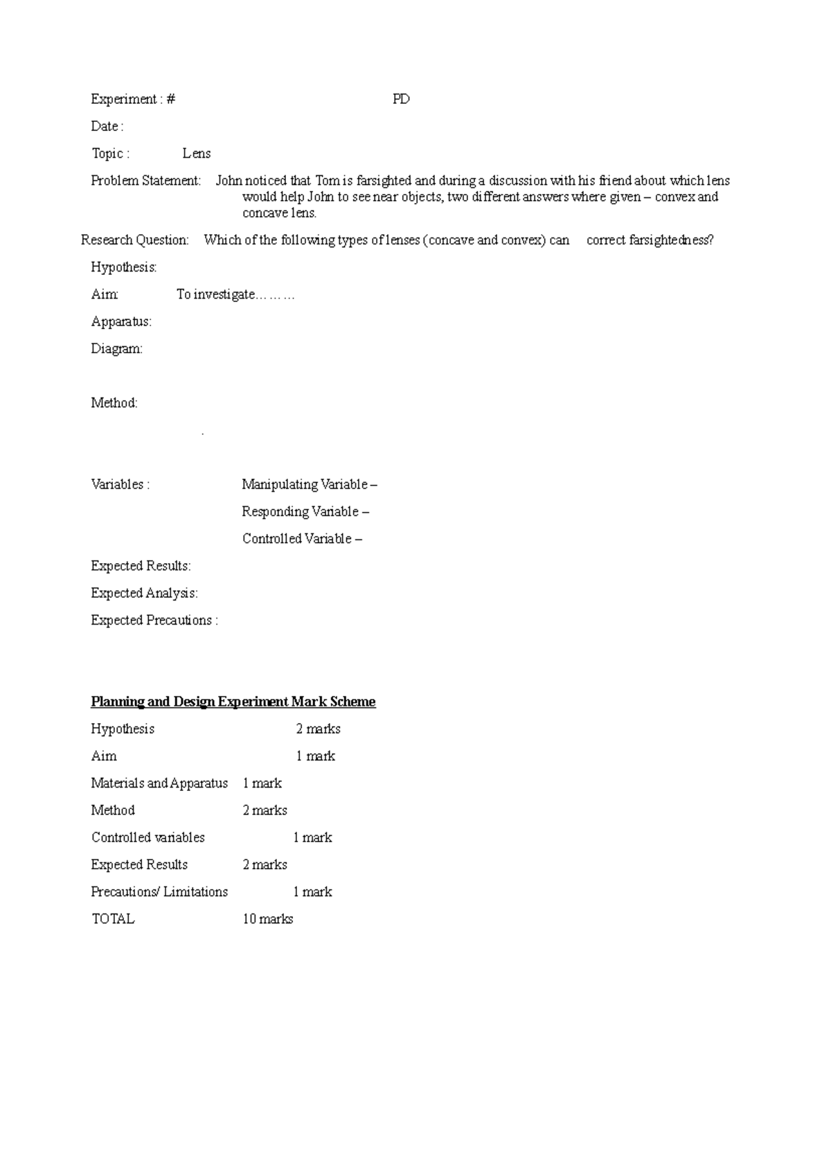Experiment on convex lens - Experiment : # PD Date : Topic : Lens ...