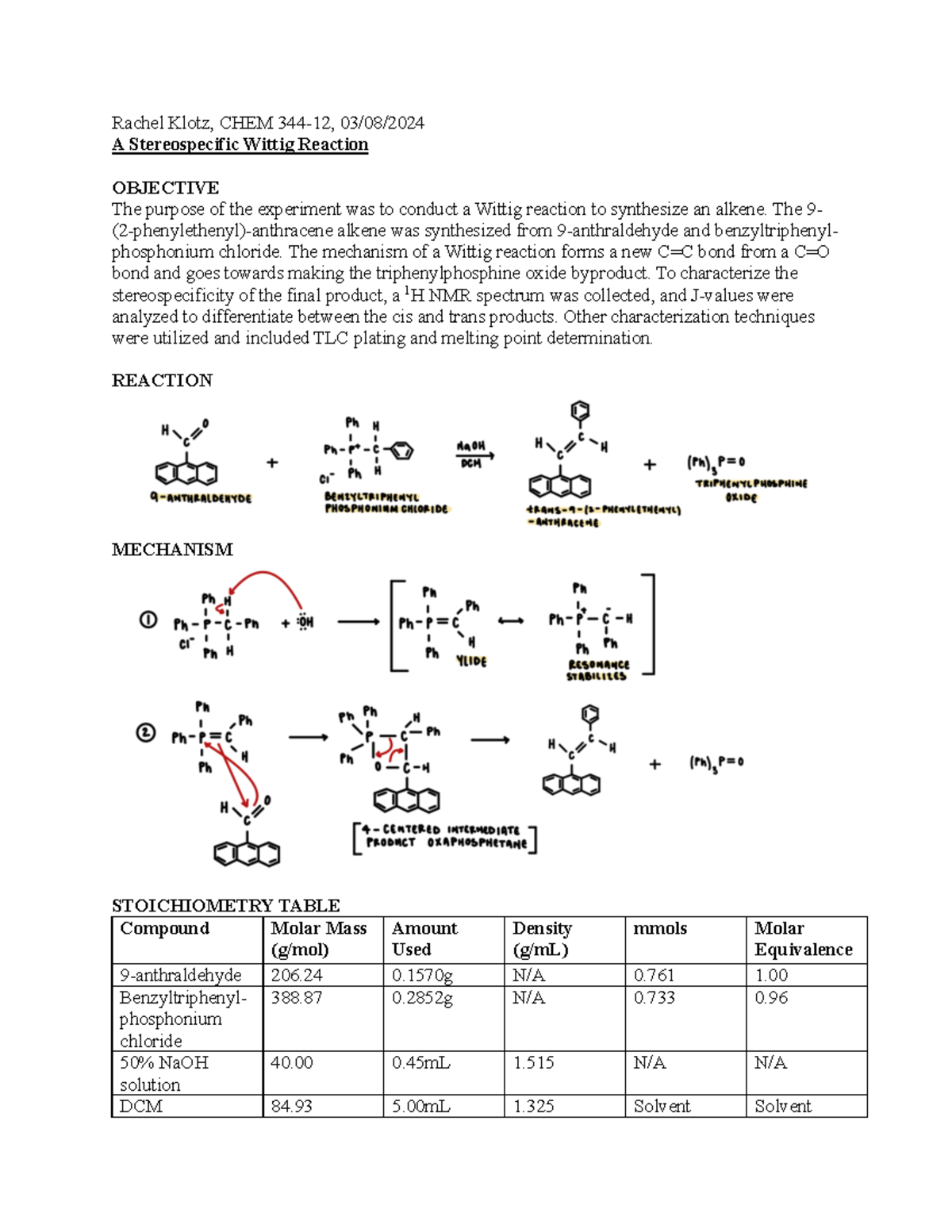 CHEM 344-12 Experiment 8 Lab Report - Rachel Klotz, CHEM 344-12, 03/08 ...