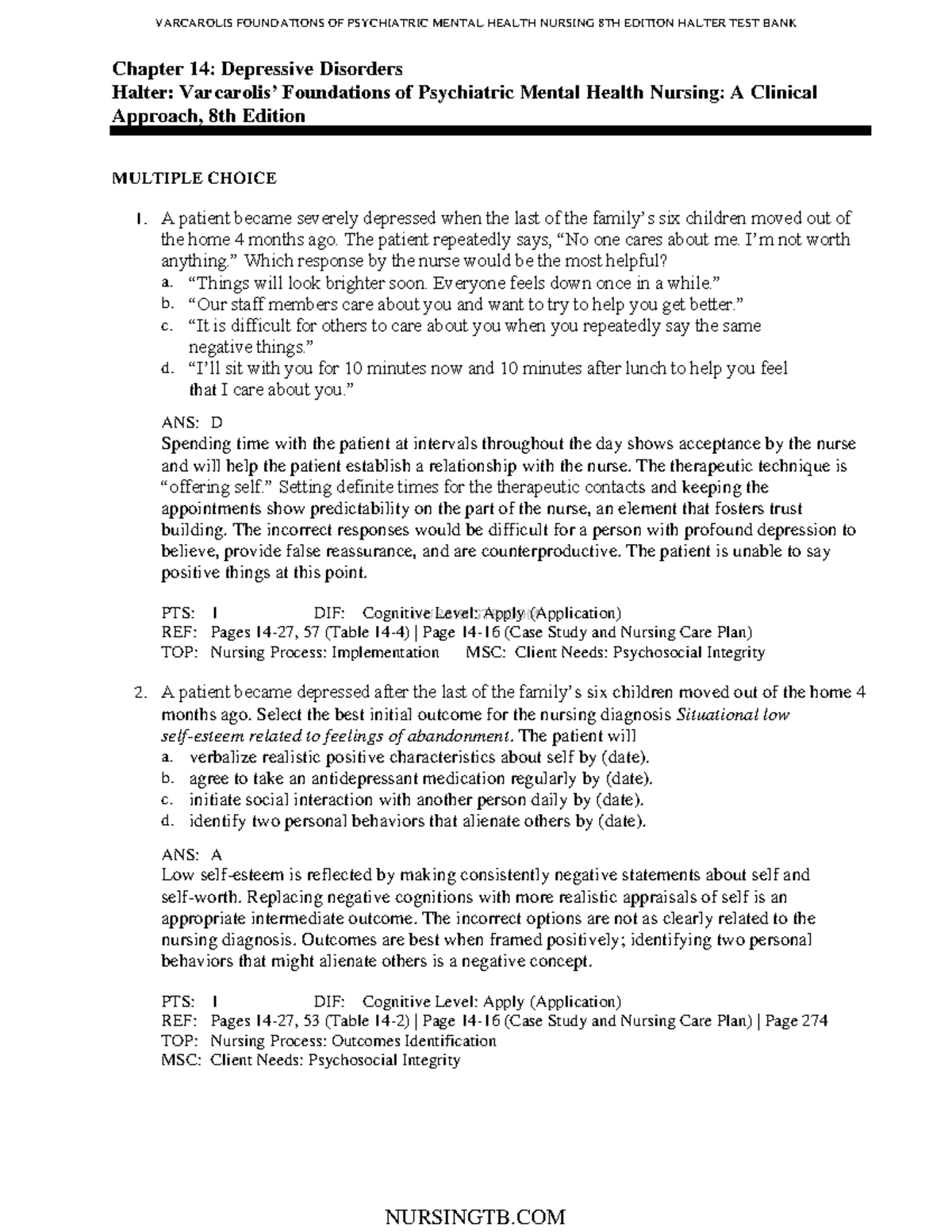 C14 - Test your knowledge - NURSINGTB Chapter 14: Depressive Disorders ...