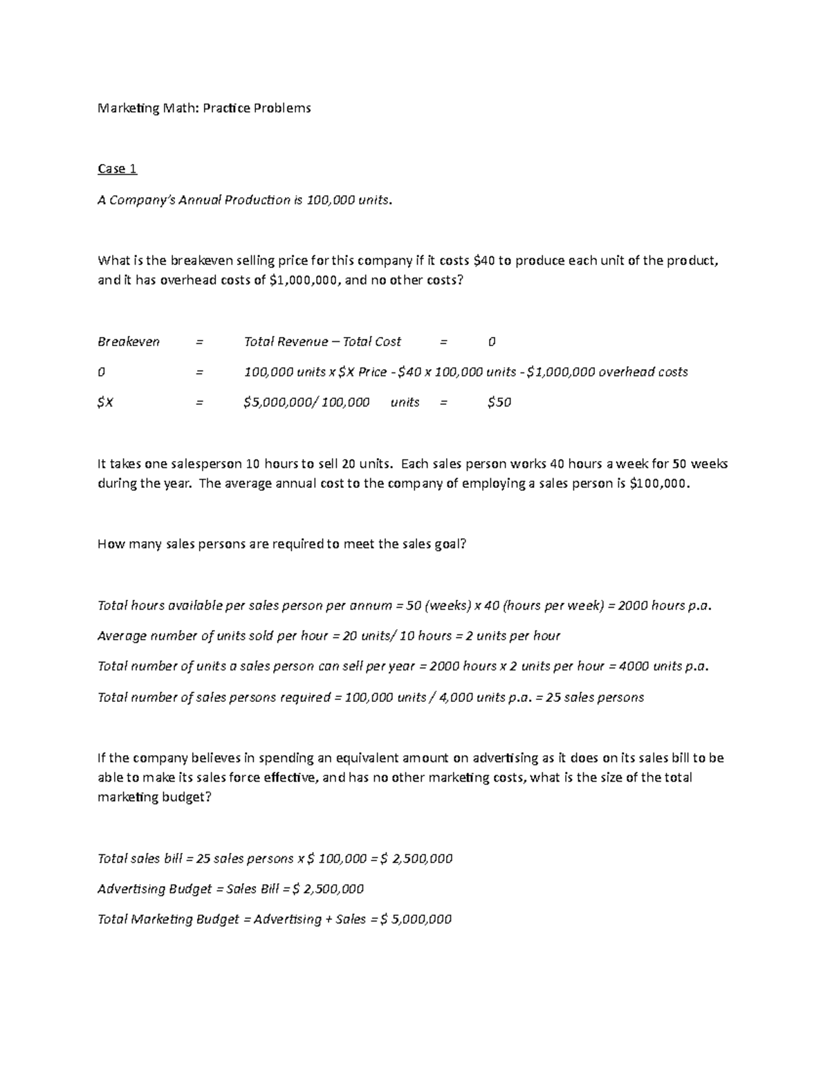 Marketing Exam Overview - Marketing Math: Practice Problems Case 1 A ...