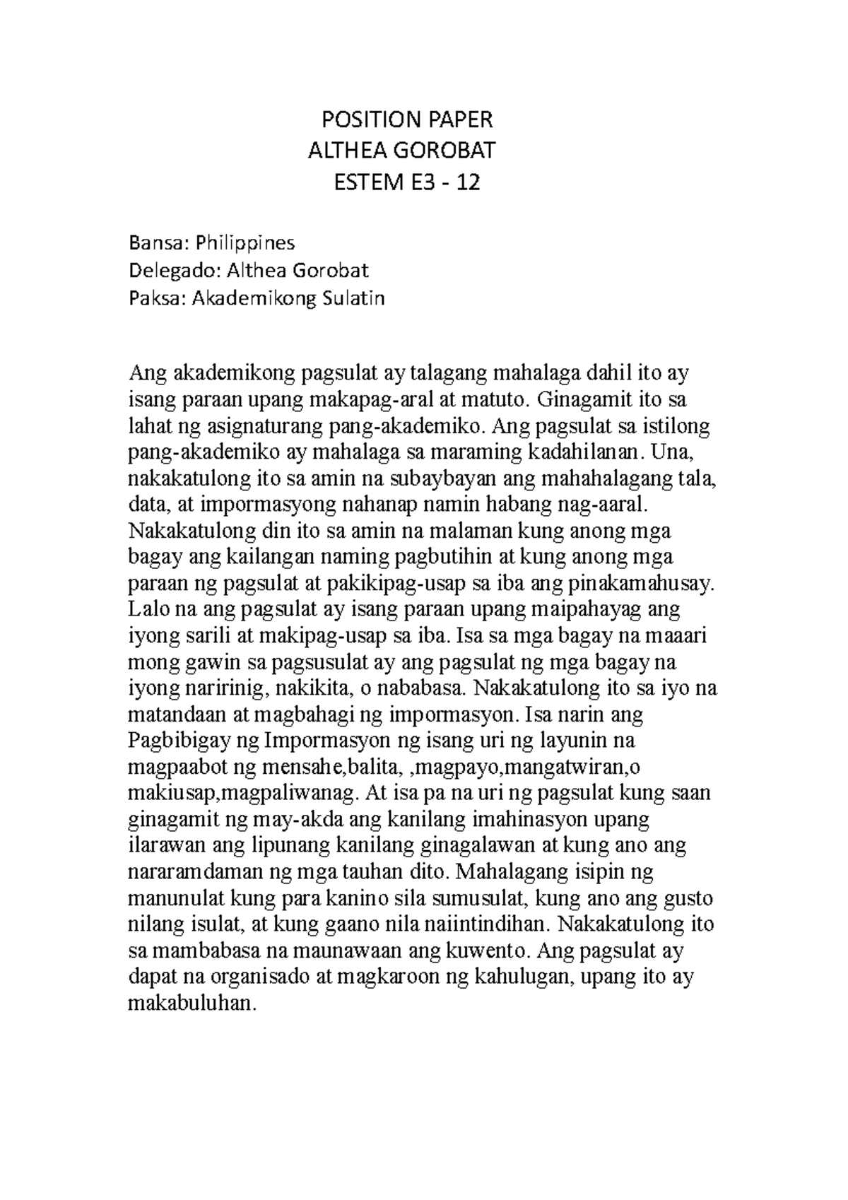 Position Paper - FRESH GRAD - POSITION PAPER ALTHEA GOROBAT ESTEM E3 ...