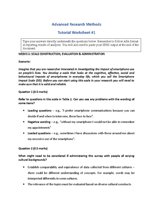 Tutorial worksheet 1 - Advanced Research Methods Tutorial Worksheet ...