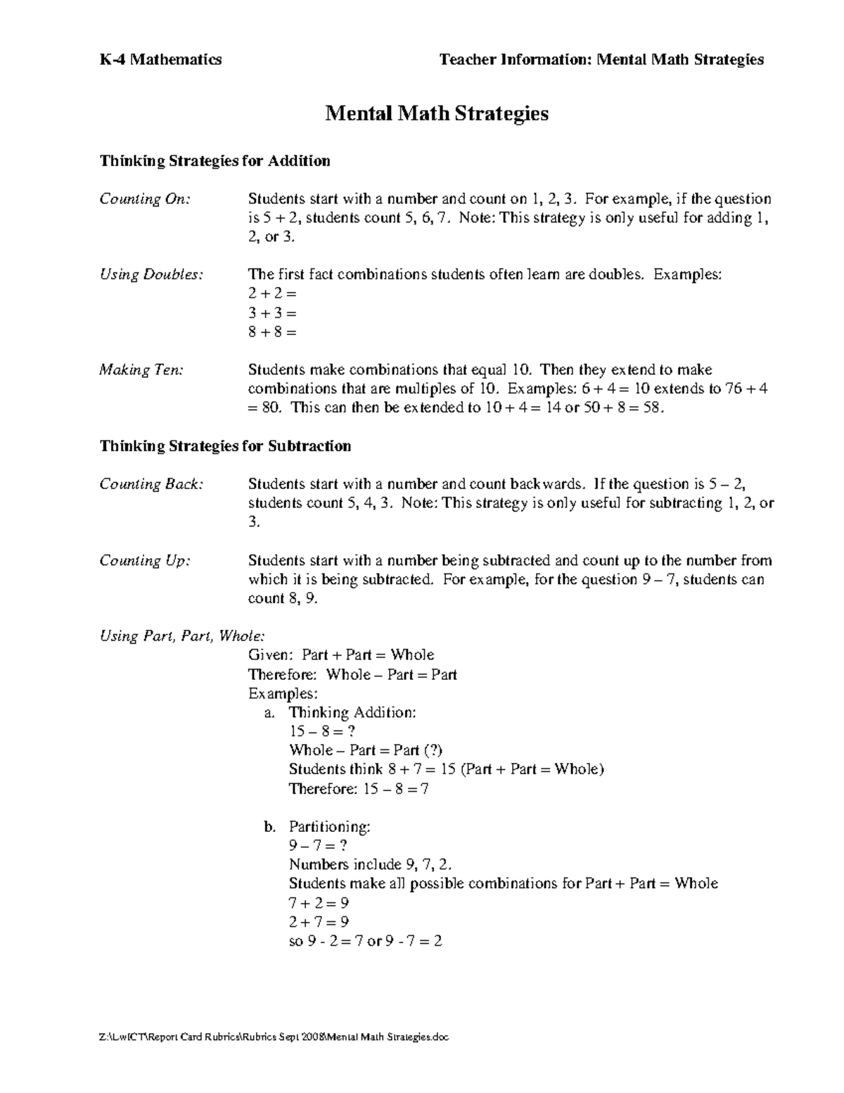 221219044 Mental Math Strategies - K-4 Mathematics Teacher Information ...