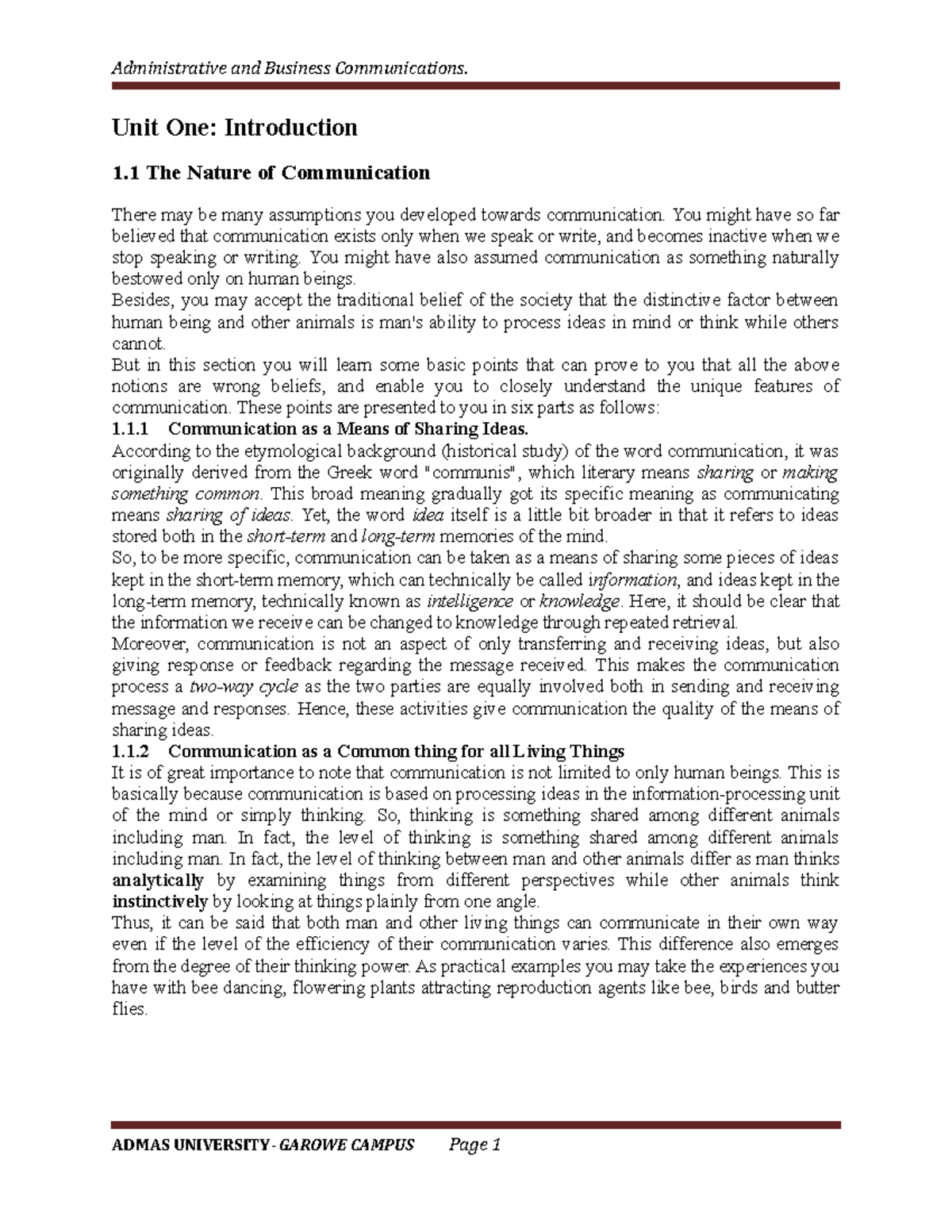 Business Communication Note - Unit One: Introduction 1 The Nature of ...