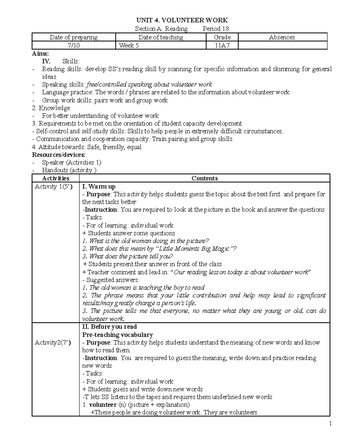 Anh 11- Unit 4 - lesson plan - UNIT 4. VOLUNTEER WORK Section A ...