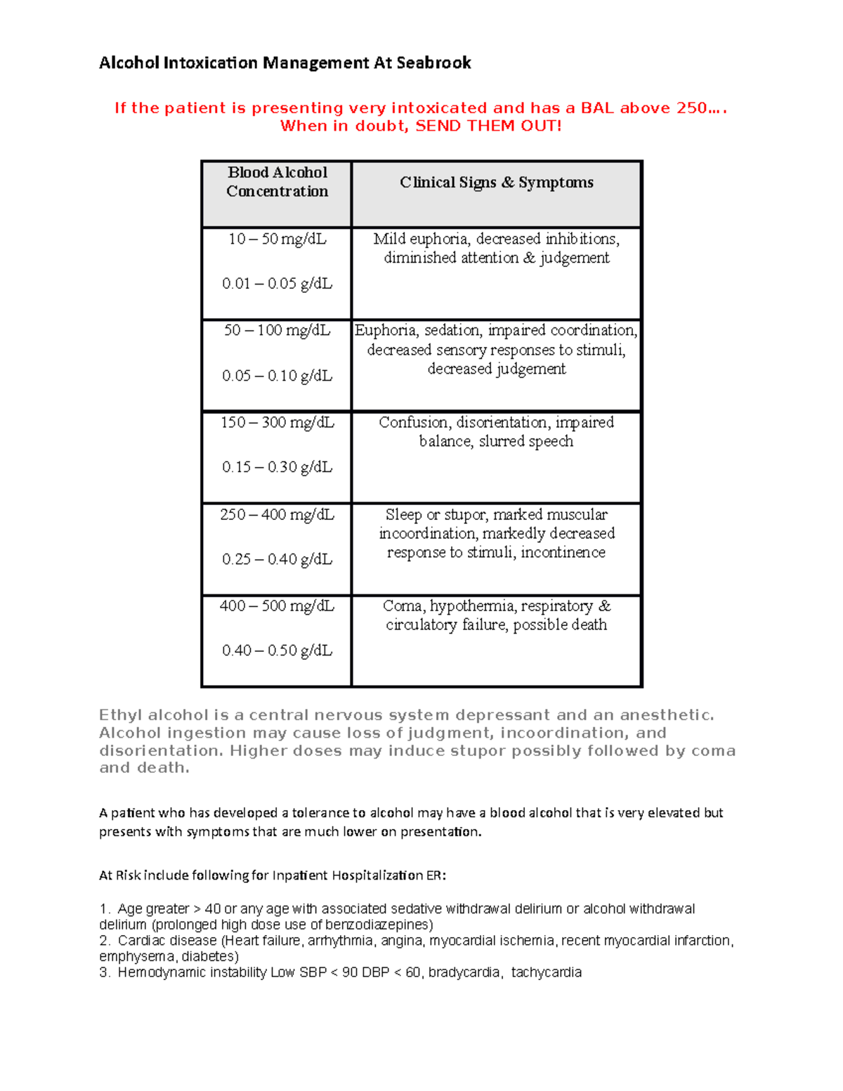 Alcohol Intoxication Management - ... When in doubt, SEND THEM OUT ...