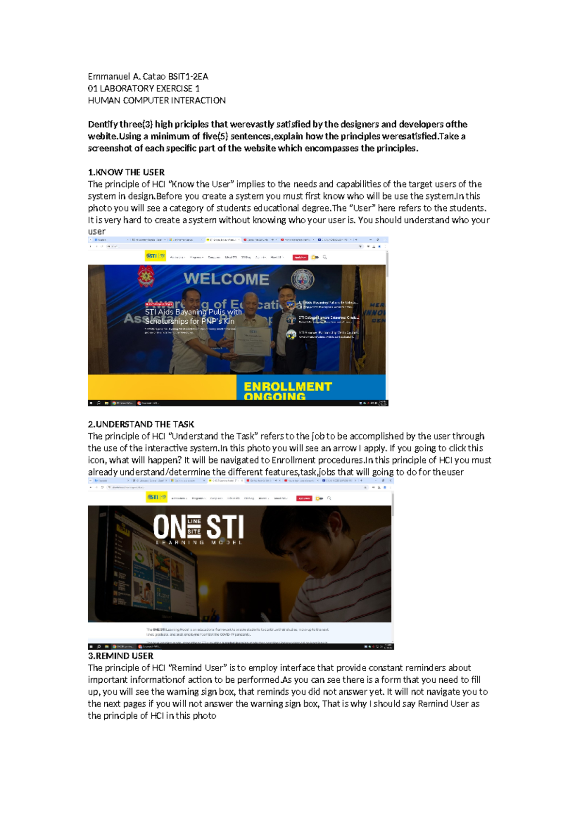 01LAB Catao Emmanuel BSIT 2-EA - Emmanuel A. Catao BSIT1-2EA 01 LABORATORY EXERCISE 1 HUMAN ...