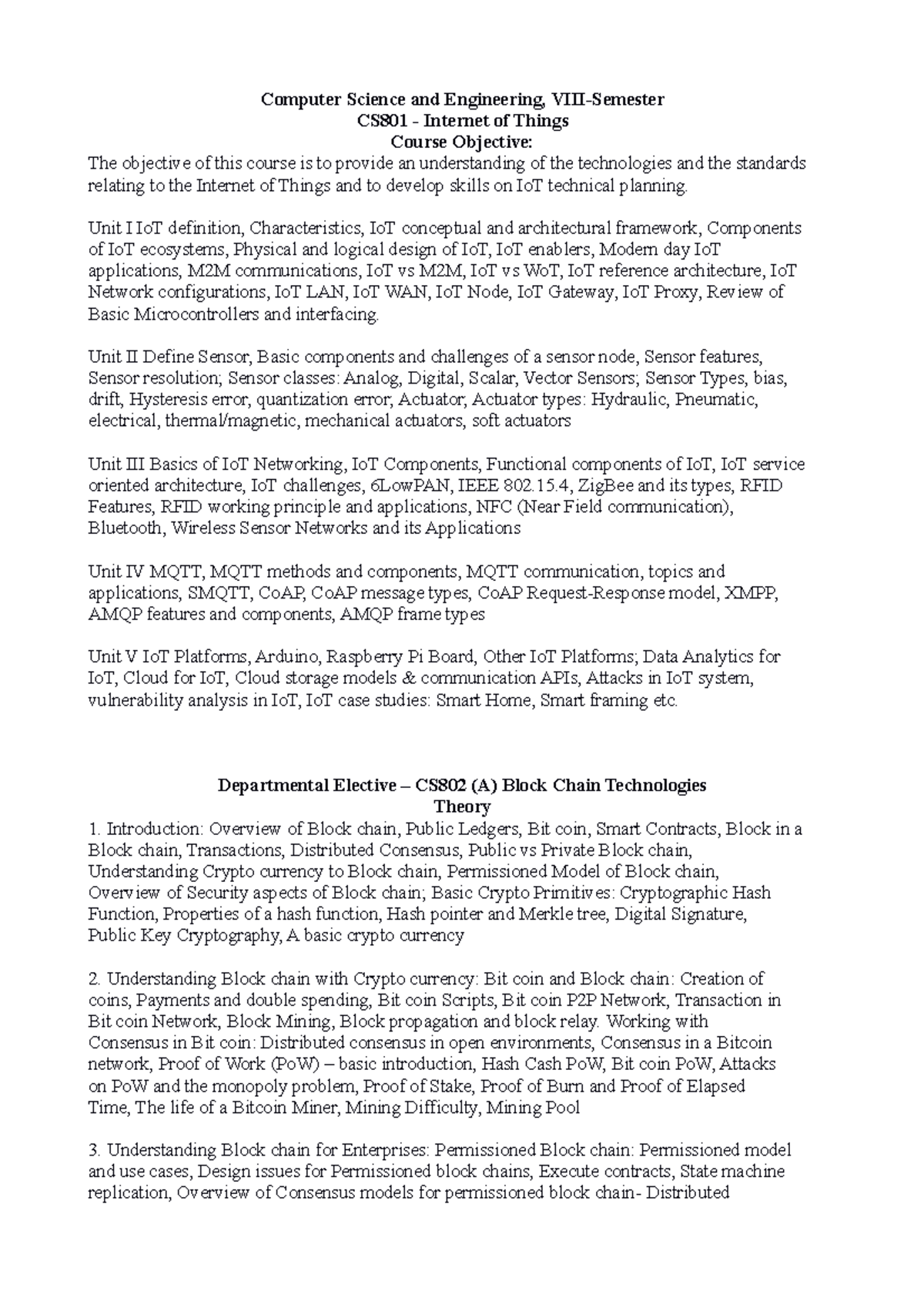 Syllabus Computer Science And Engineering Viii Semester Cs801 Internet Of Things Course