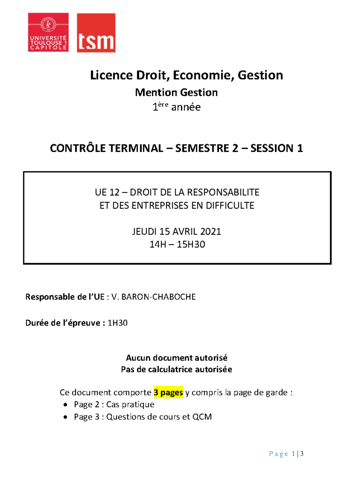 Sujet - P a g e 1 | 3 Licence Droit, Economie, Gestion Mention Gestion 1 Ëre annÈe CONTR‘LE ...