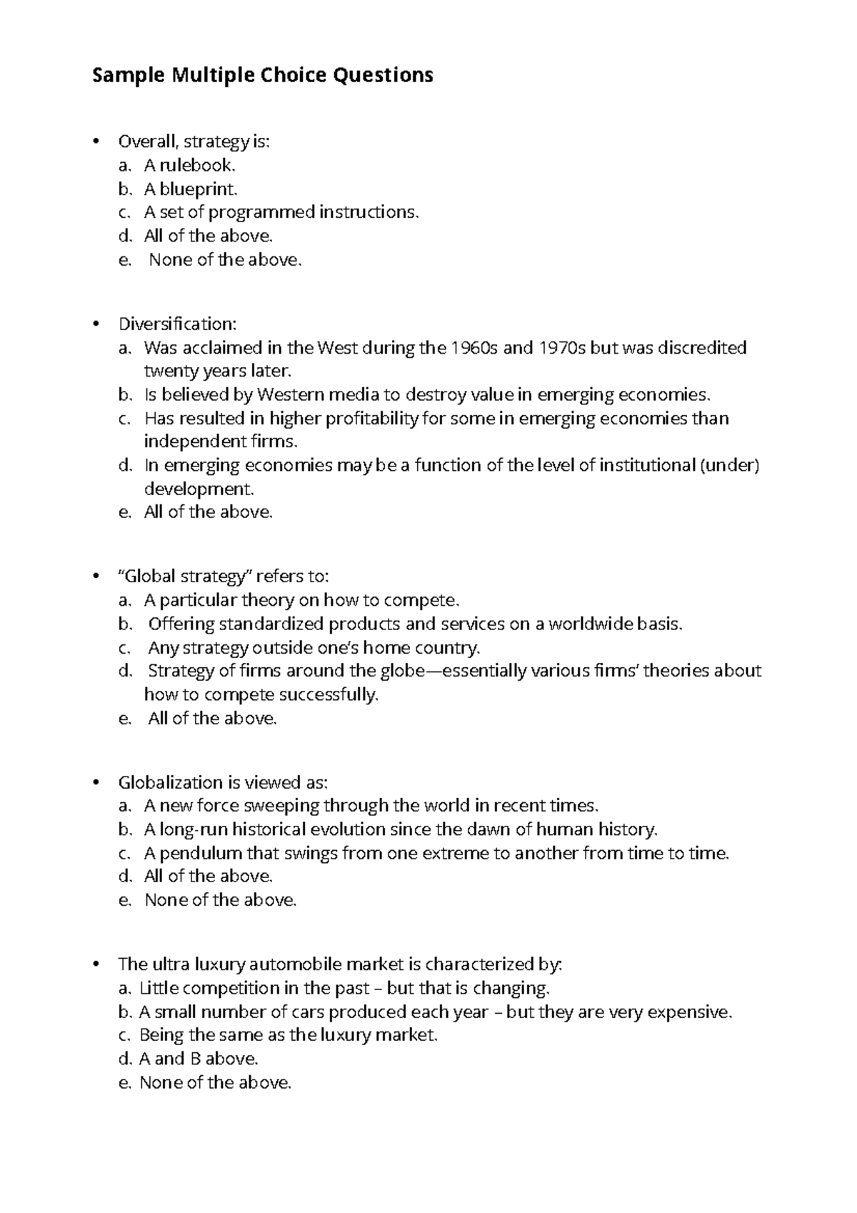 Sample MCQs - Sample Multiple Choice Questions Overall, strategy is: a ...