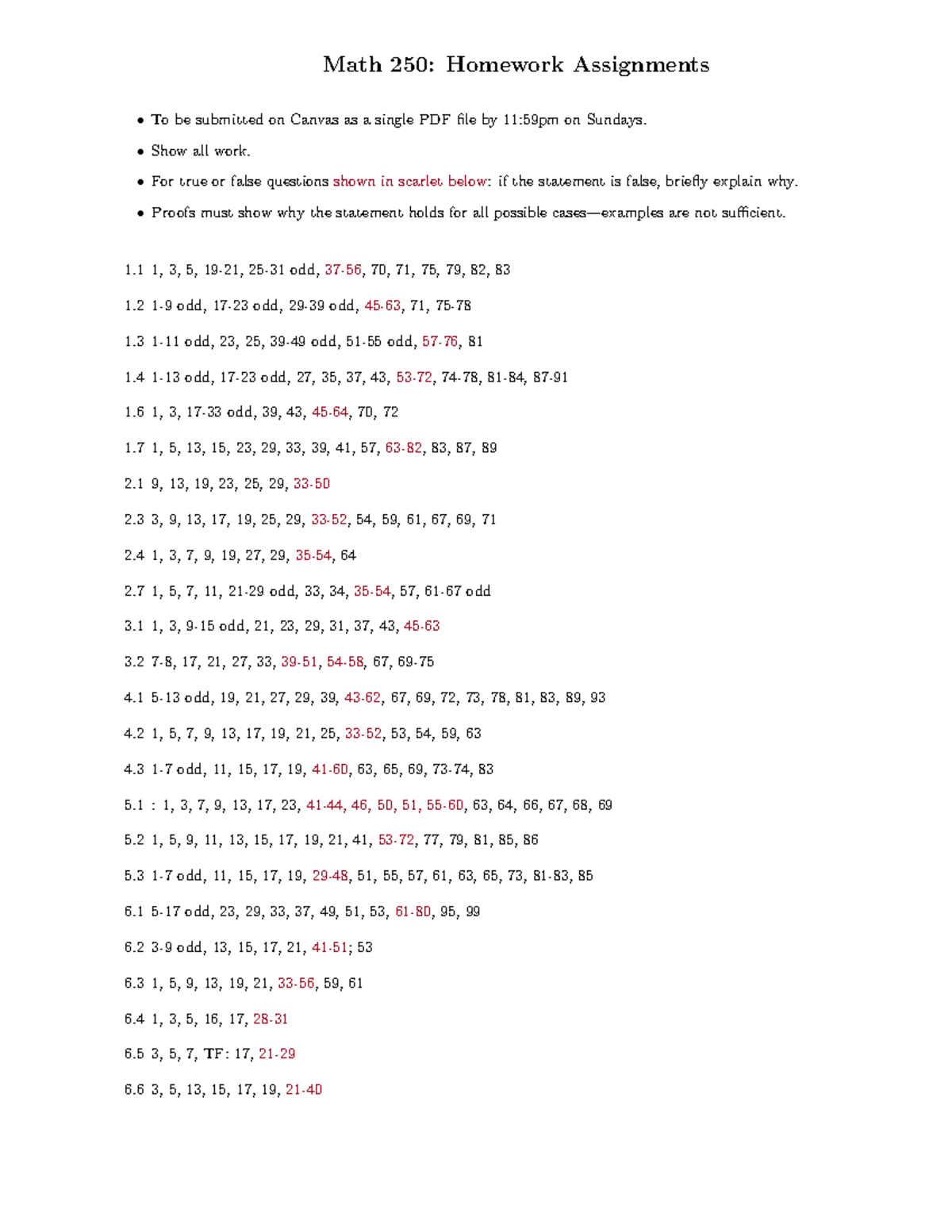 Assignment List - nothing - Math 250: Homework Assignments To be ...