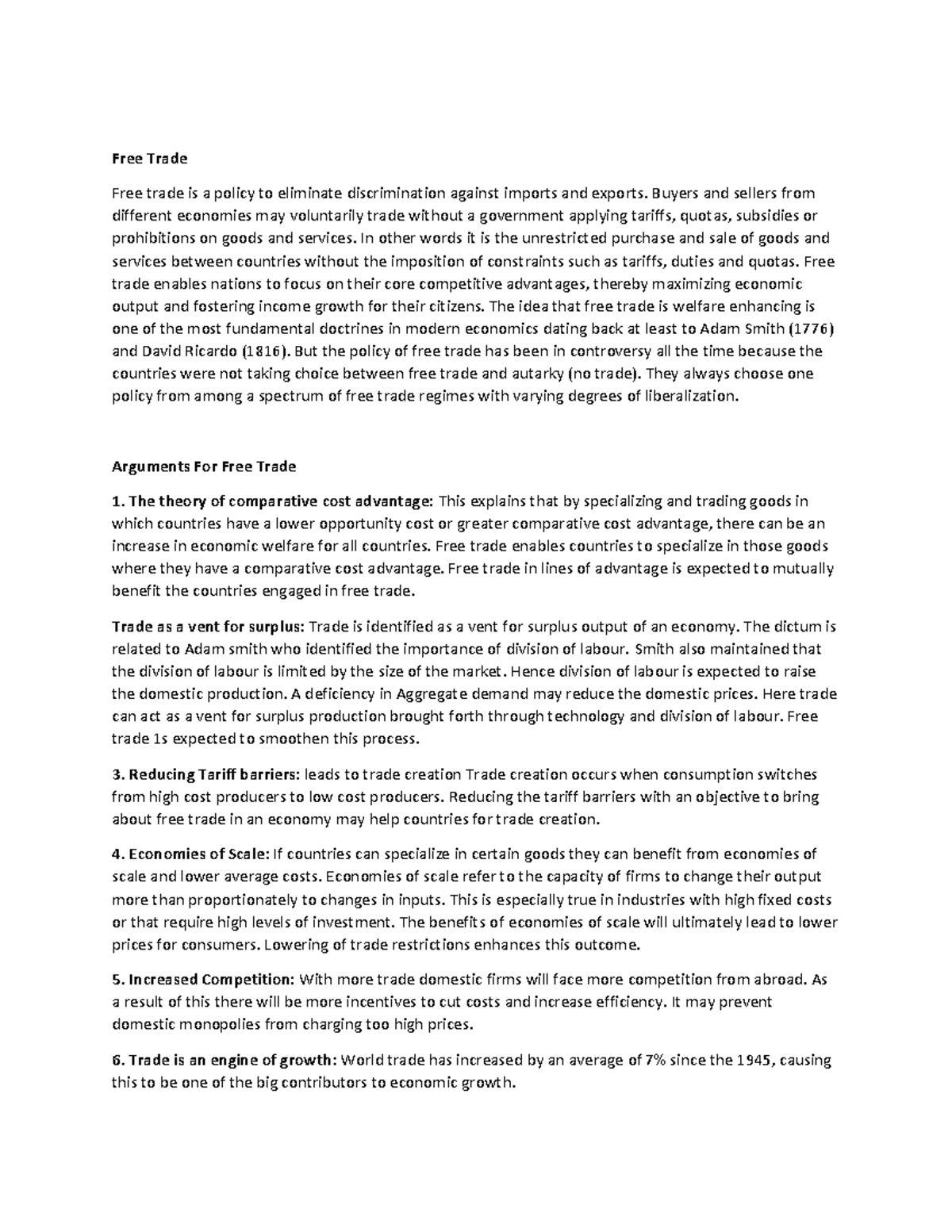 FREE Trade - Notes - Free Trade Free trade is a policy to eliminate ...